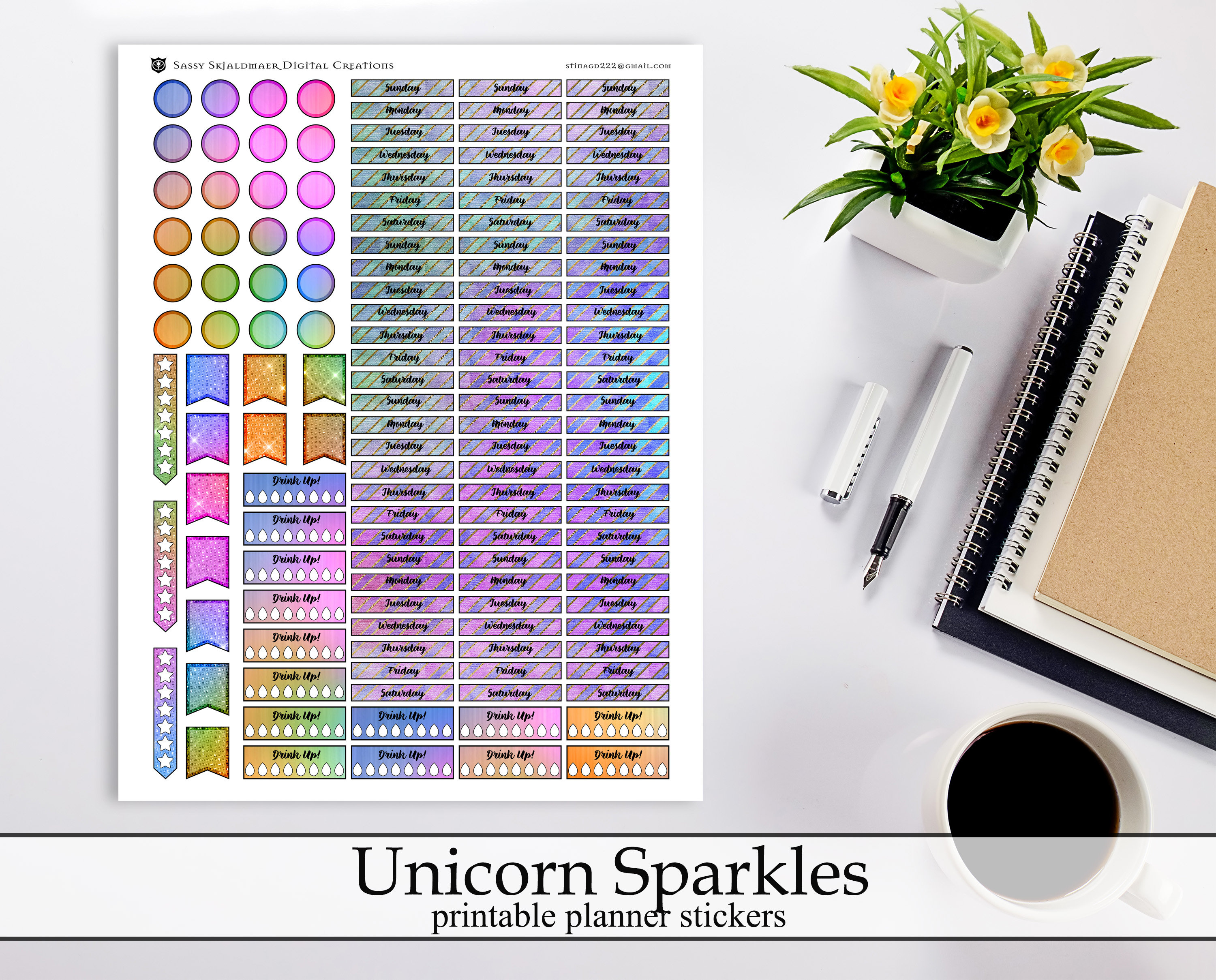 Unicorn Sparkles Printable Planner Stickers, Sparkling Mystic Fantasy ...