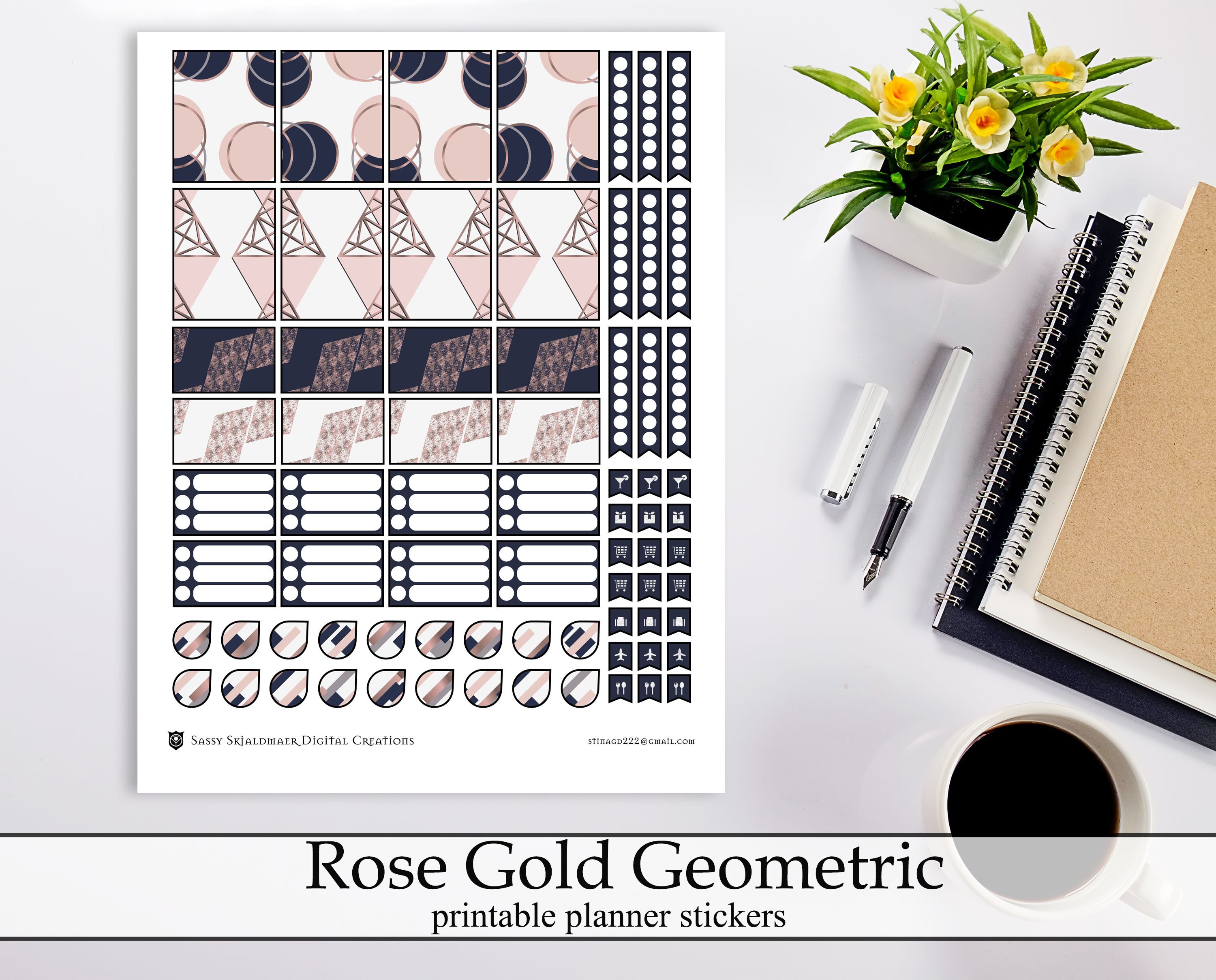Rose Gold & Navy Geometric Printable Planner Stickers, Pretty Rose Gold ...