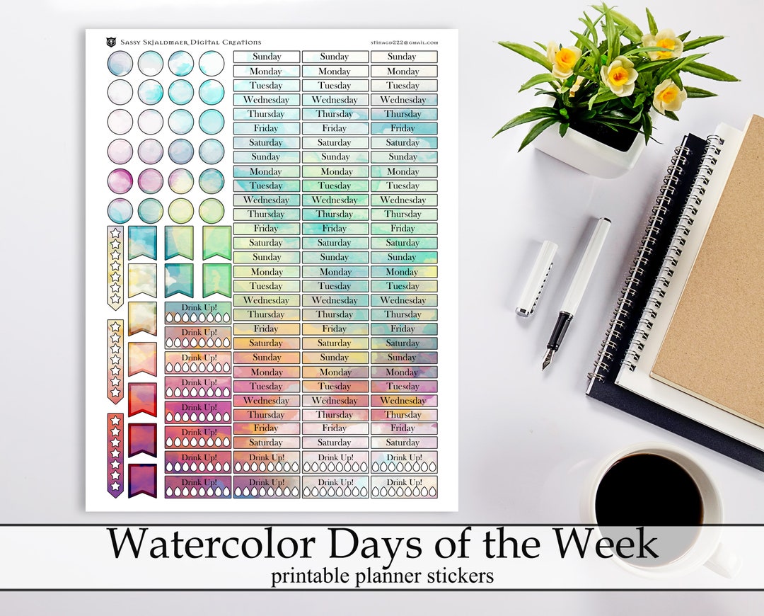 Watercolor Functional Printable Planner Stickers, Days of the Week ...