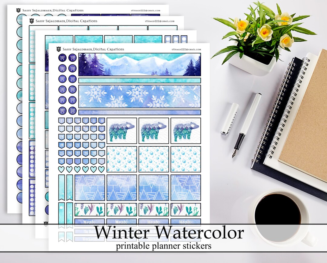 Winter Watercolor Printable Planner Stickers, Digital Instant Download ...