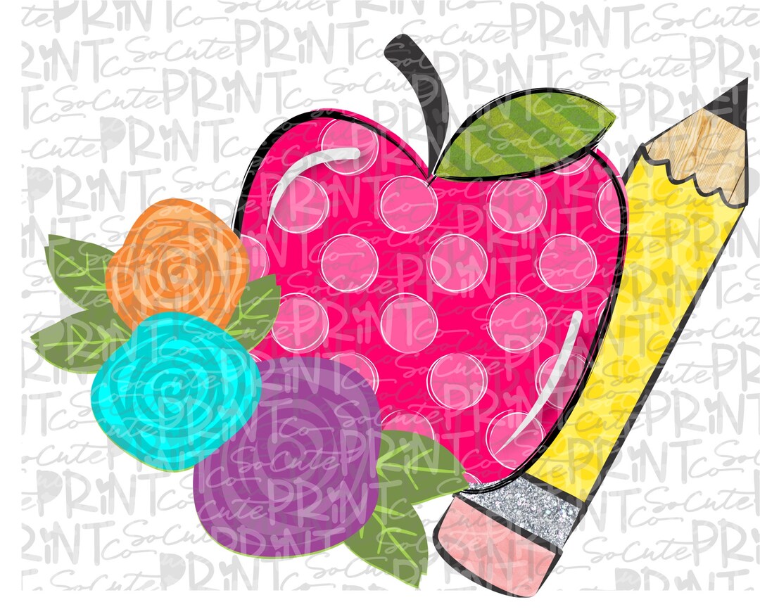 Back to School, Pencil With Apple & Roses Clipart, PNG File for ...