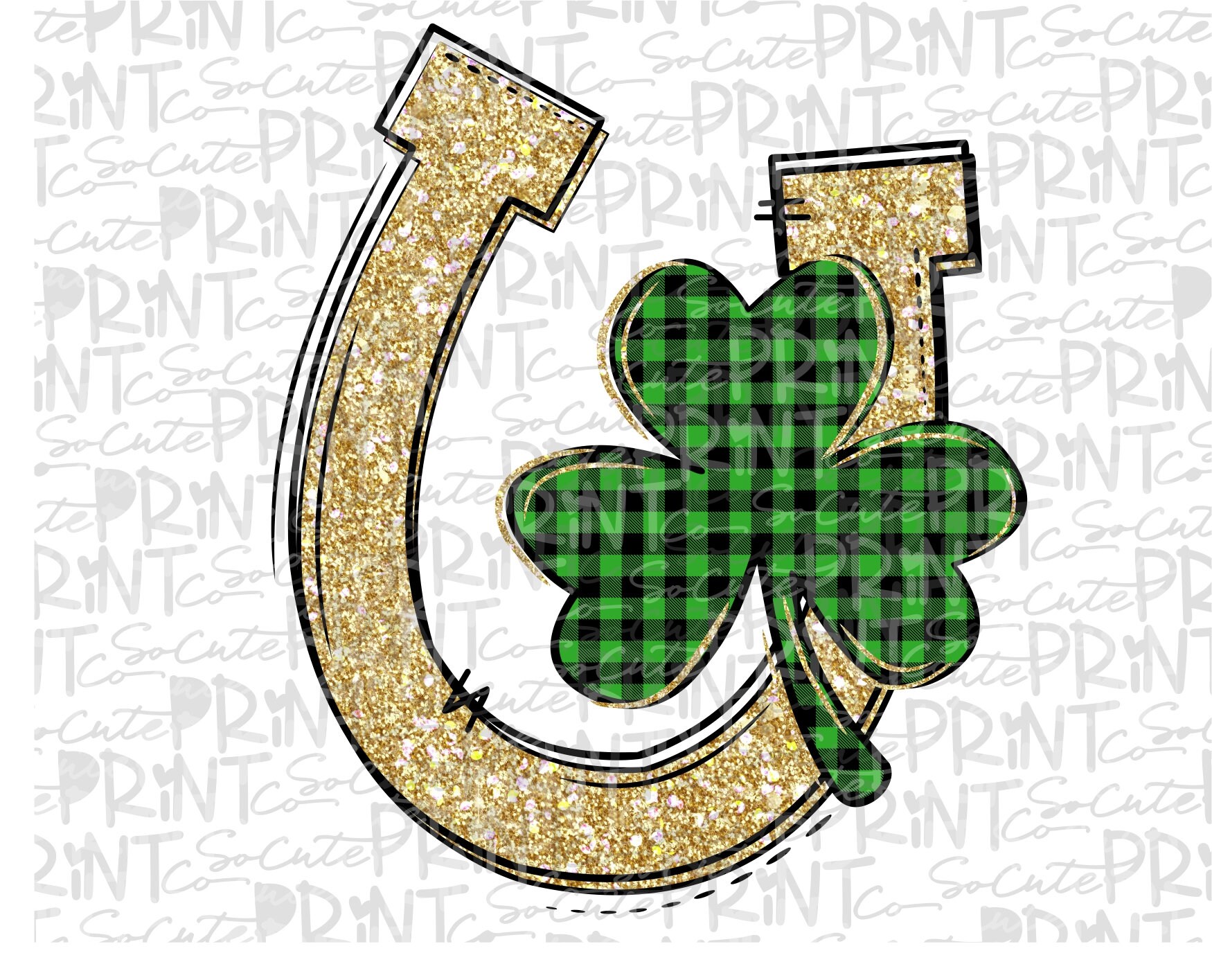 St Patricks Day Gold horseshoe plaid clover clipart clover | Etsy