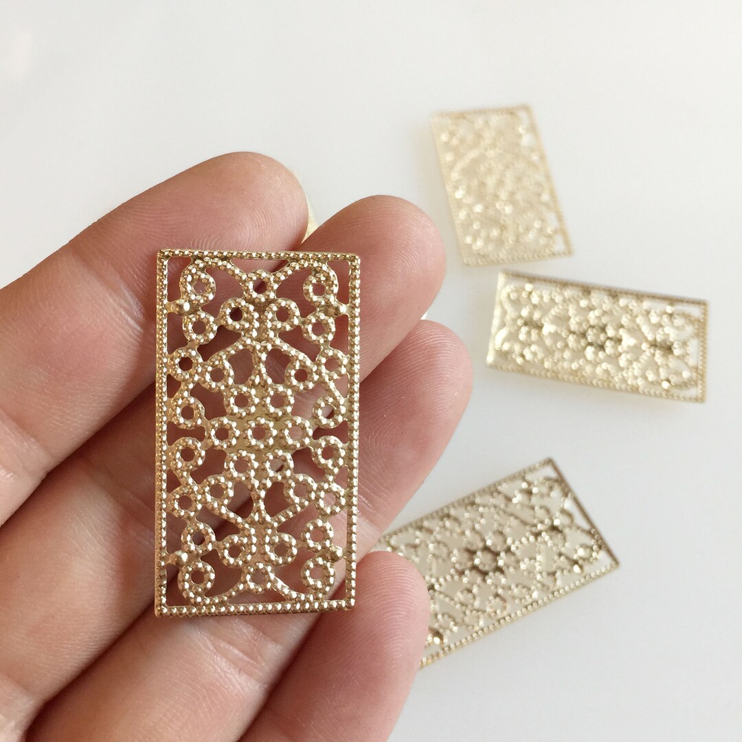 Rectangle Filigree Charm, Filigree Pendant, 14K Gold Plated Steel ...