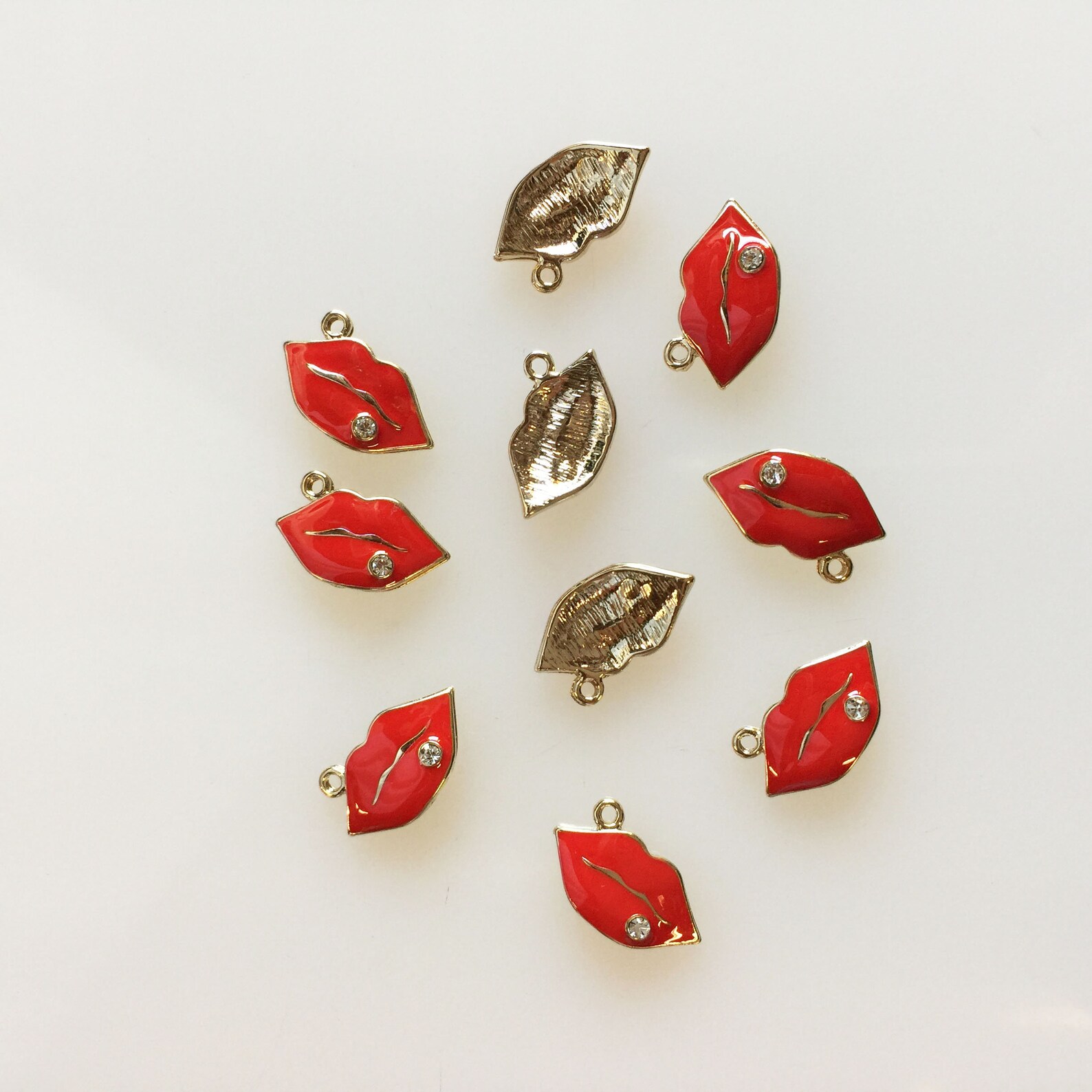 Red Enamel Lips Charm W/ Crystal, Red Lips Charm, 14K Gold Plated Zinc ...