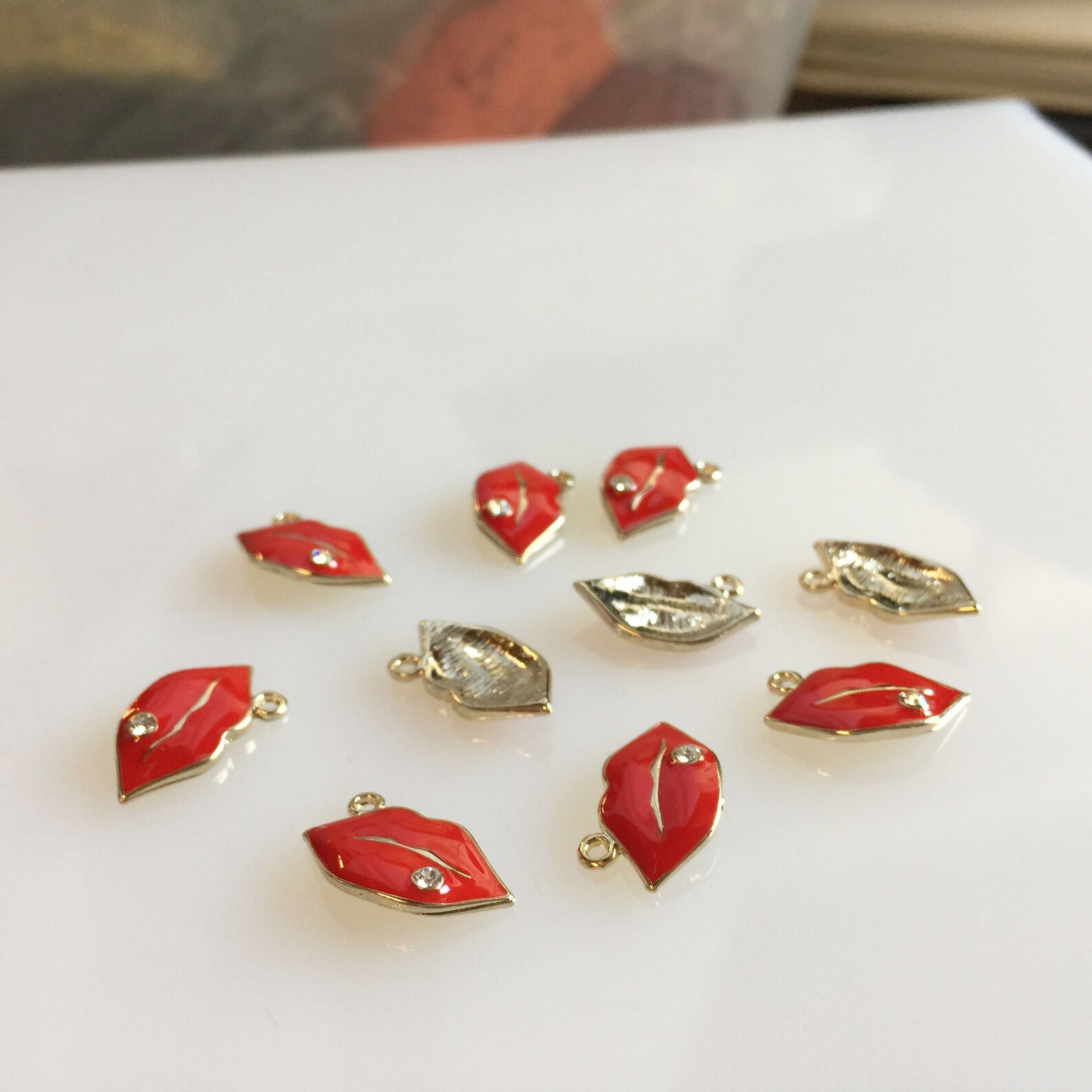 Red Enamel Lips Charm W/ Crystal, Red Lips Charm, 14K Gold Plated Zinc ...