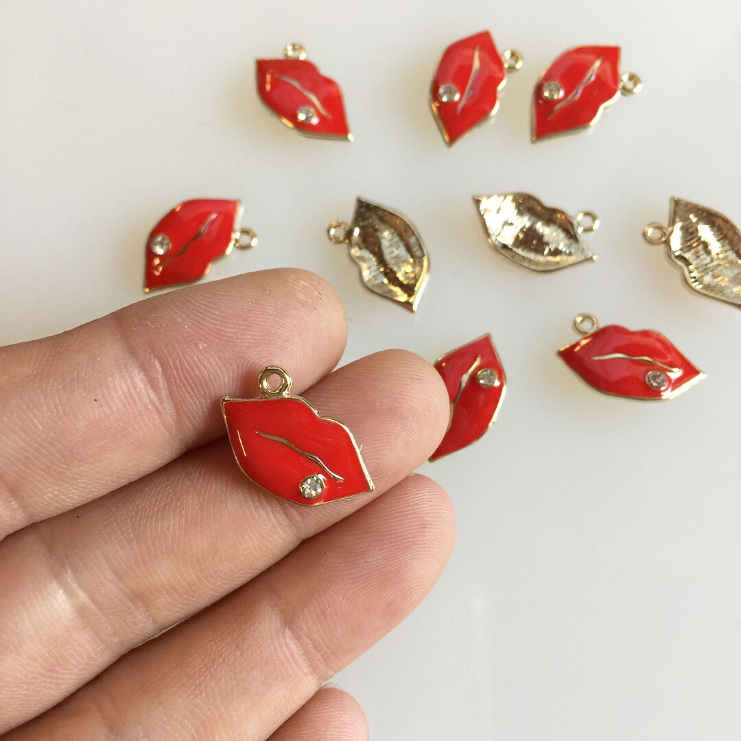 Red Enamel Lips Charm W/ Crystal, Red Lips Charm, 14K Gold Plated Zinc ...