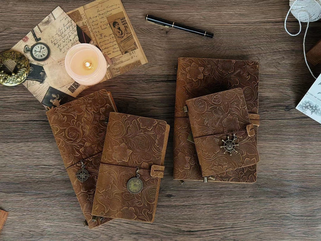 Antique Dark Brown Leather Journal Flower Engraved Notebook, Floral ...