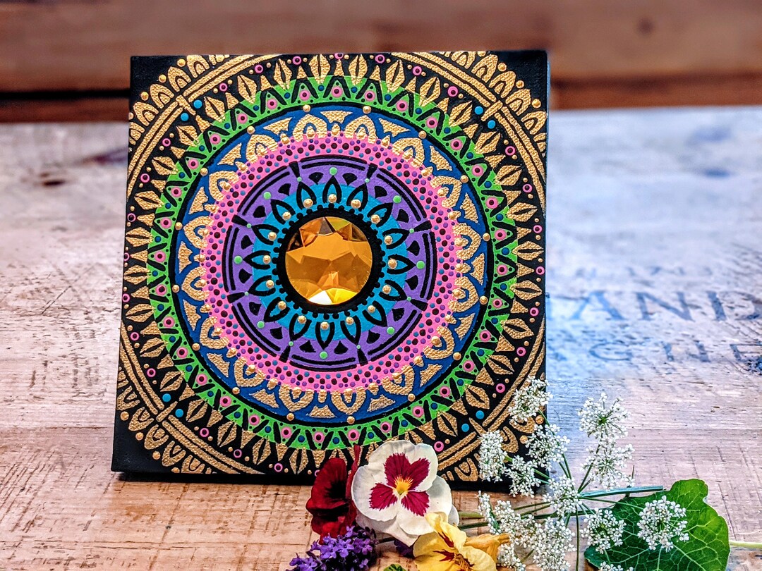 Solar Flare Mandala Painting: Original Acrylic Art With Golden Crystal ...