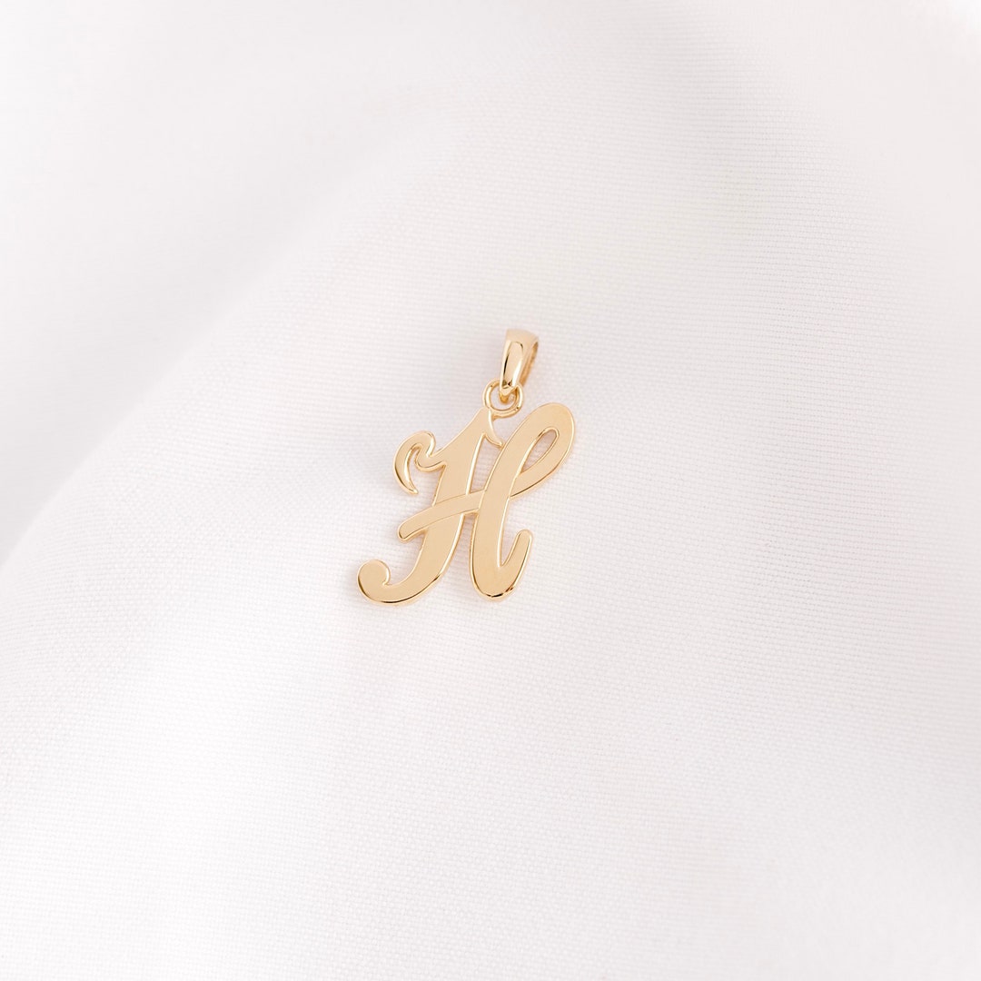 14k Solid Yellow Gold Initial H Pendant, Unisex Initial Pendant, H ...