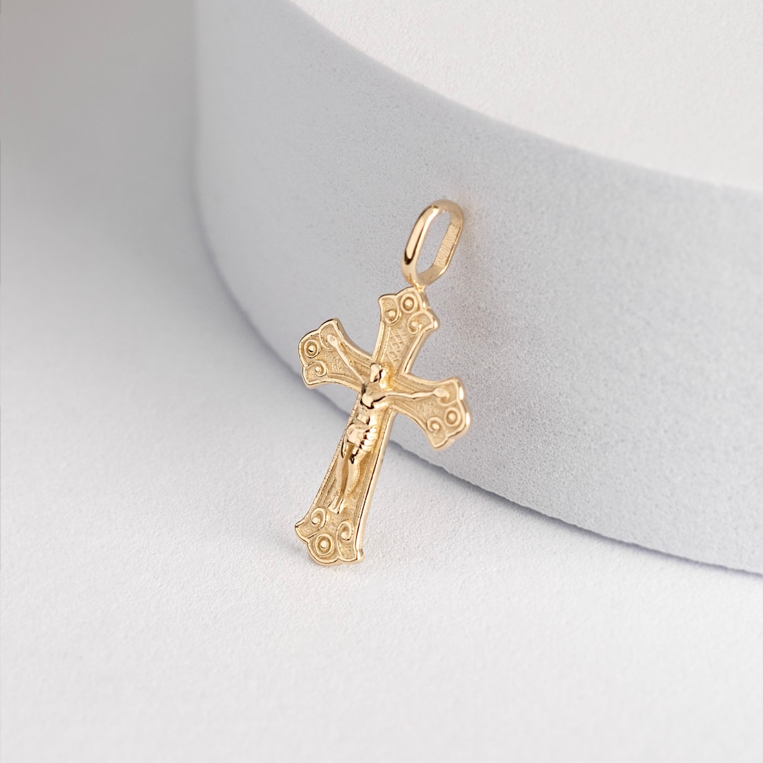 14k Solid Yellow Gold Crucifix Pendant, Unisex Cross Charm Pendant - Etsy