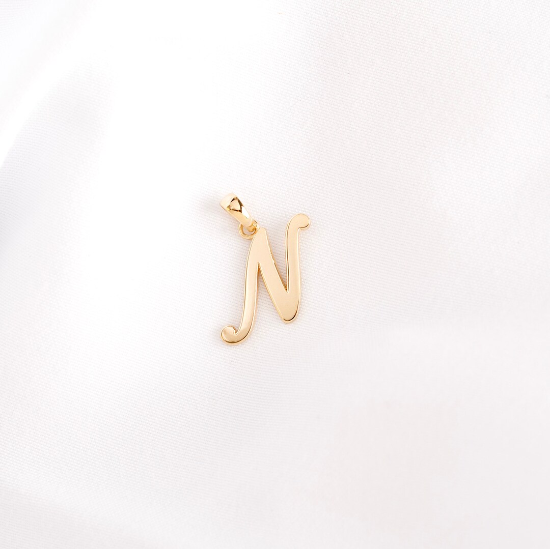 14k Solid Yellow Gold Initial N Pendant, Unisex Initial Pendant, N ...