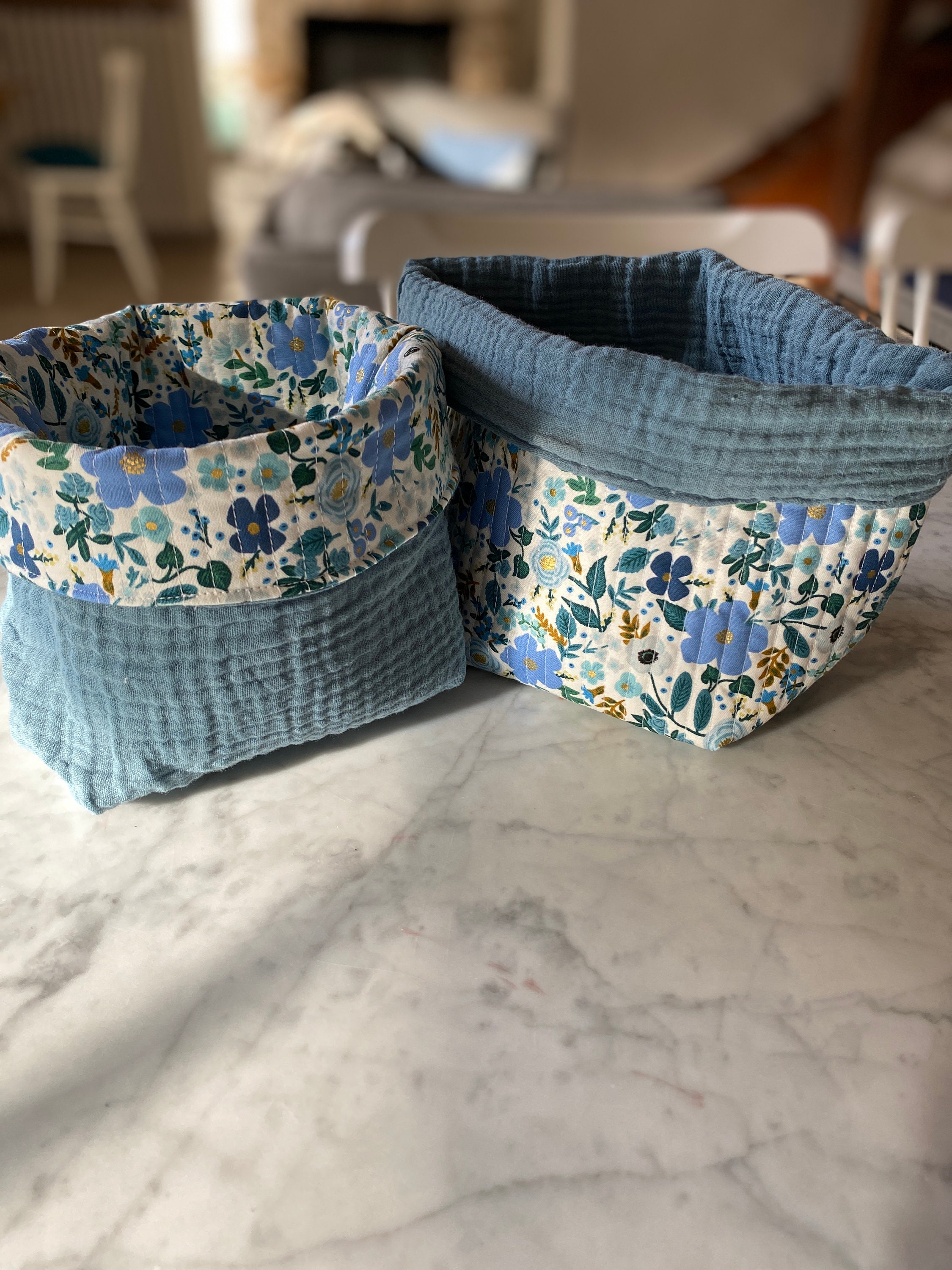 Reversible Fabric Basket, Quilted Storage Compartment, or Blue Floral ...