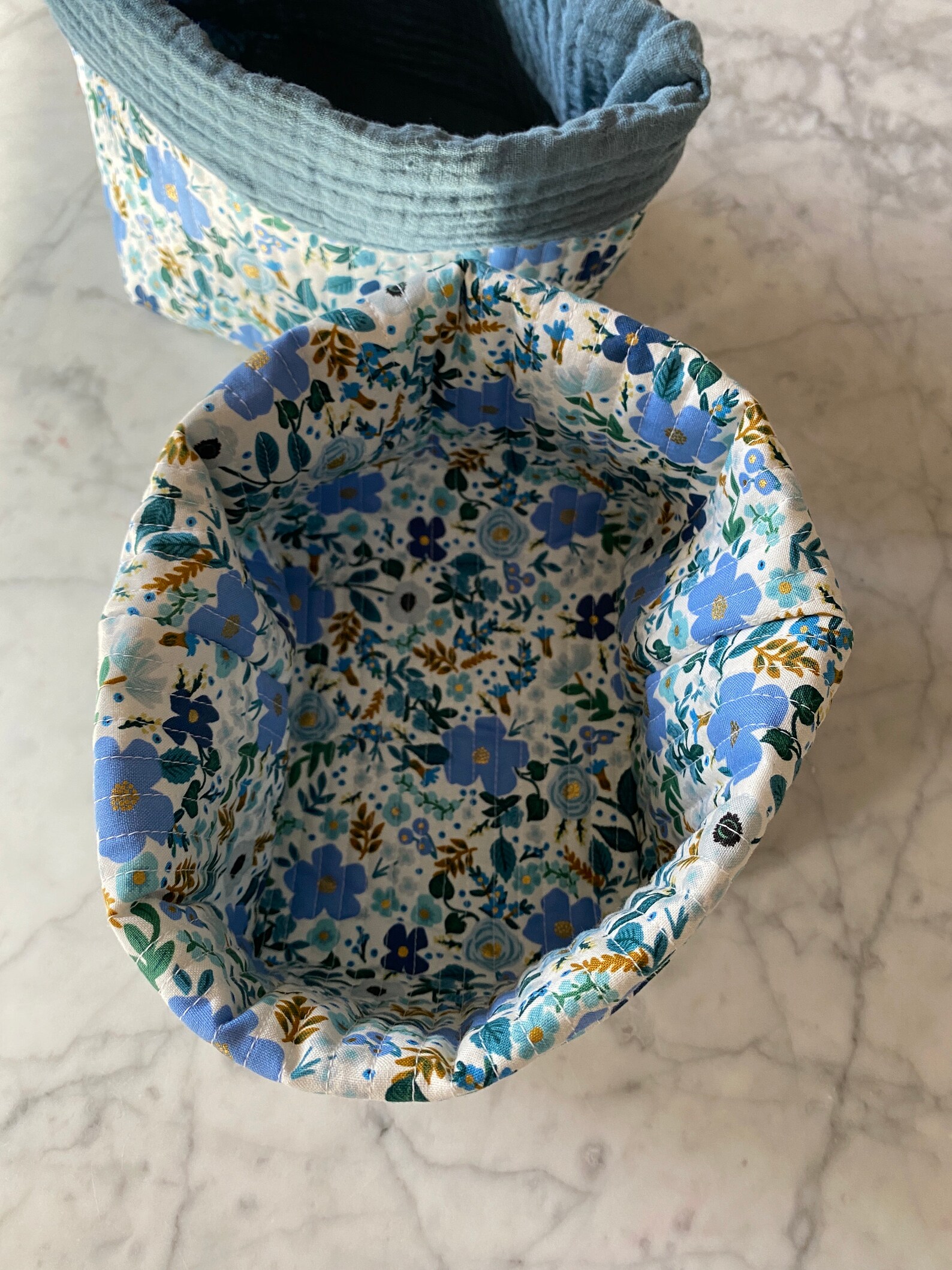 Reversible Fabric Basket, Quilted Storage Compartment, or Blue Floral ...