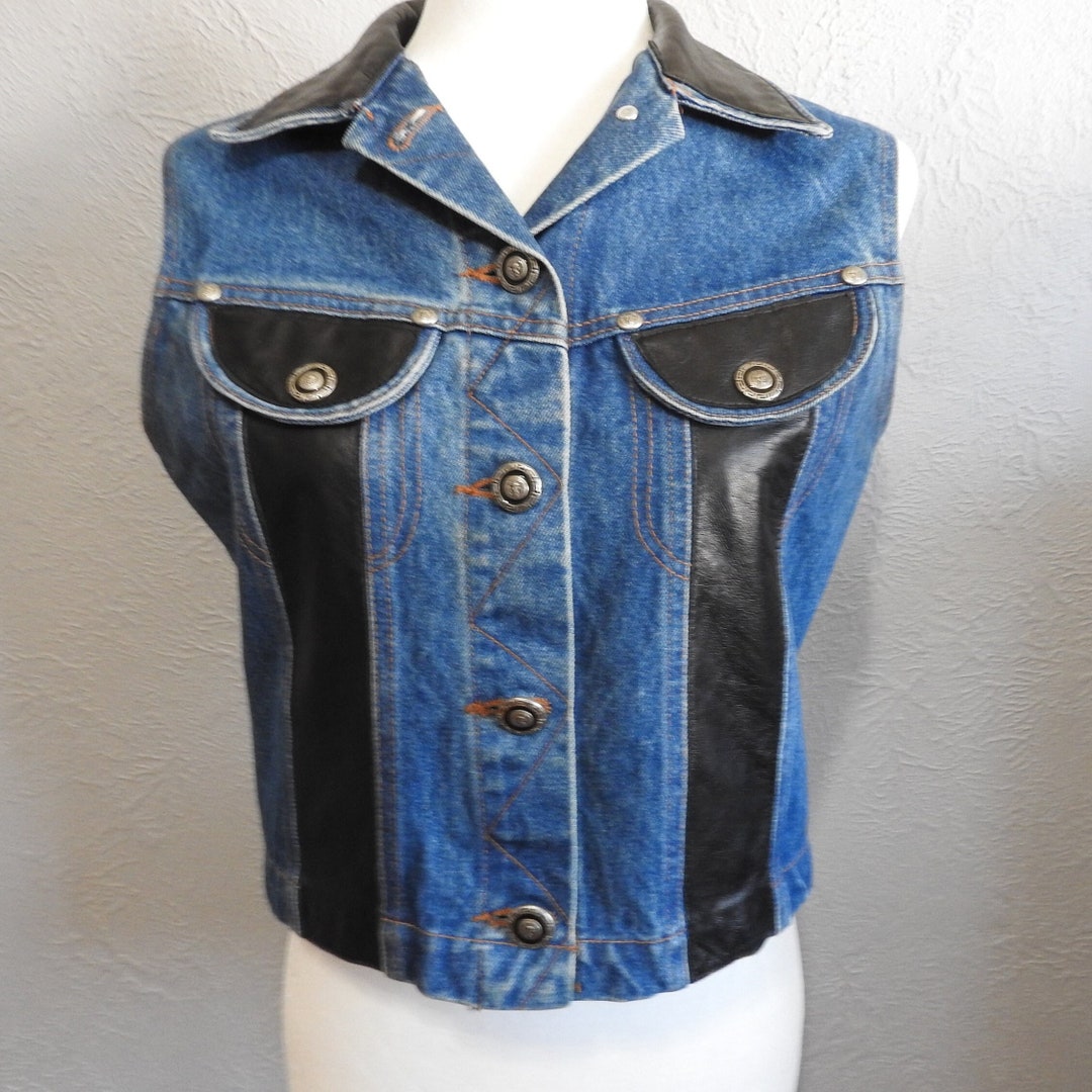 Vintage Jean Vest ~ Black Leather and Jean ~ Biker Style ~ - Etsy
