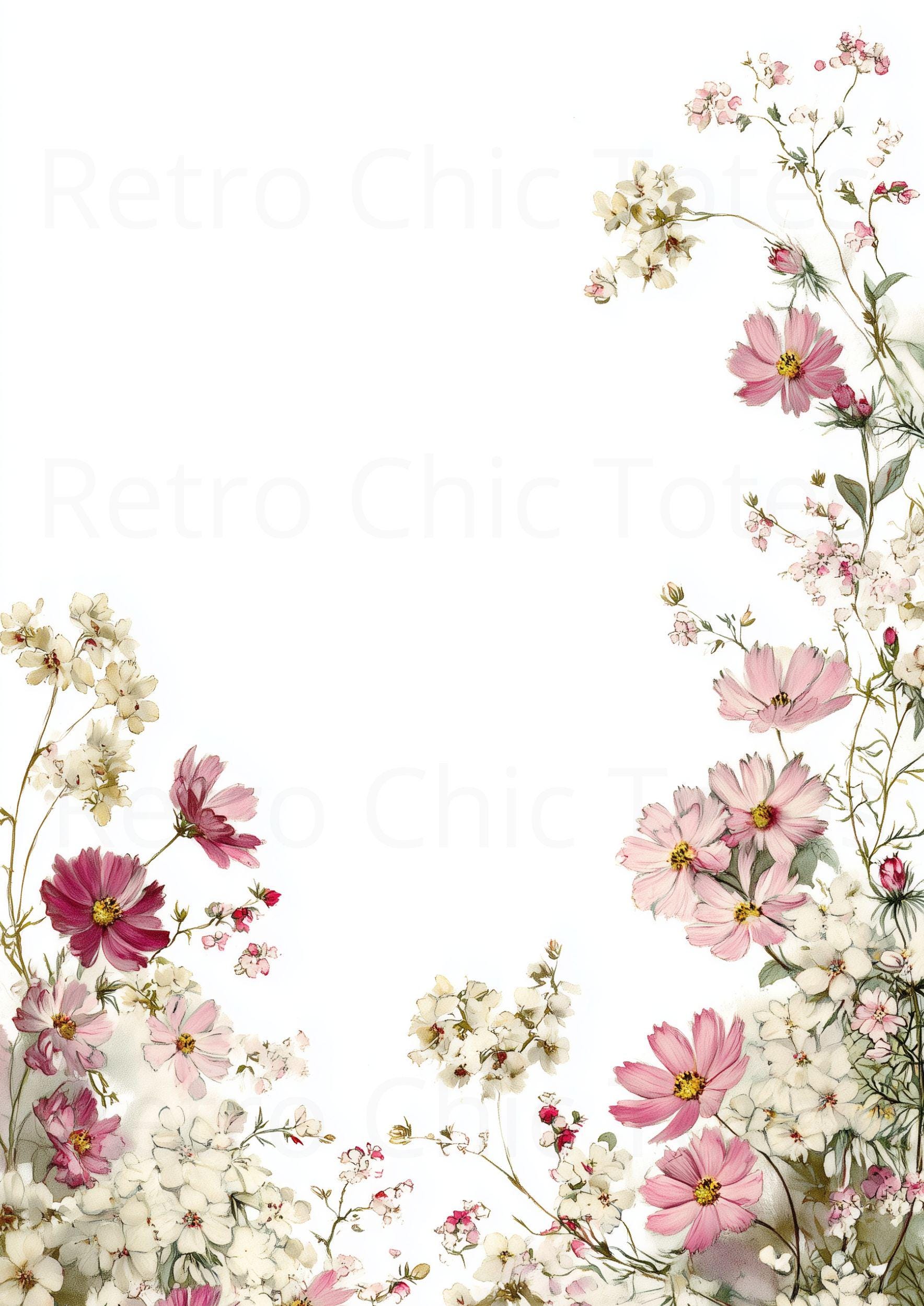A4 Floral Stationery Printable PDF, Pink Flower Border Page, Vintage ...