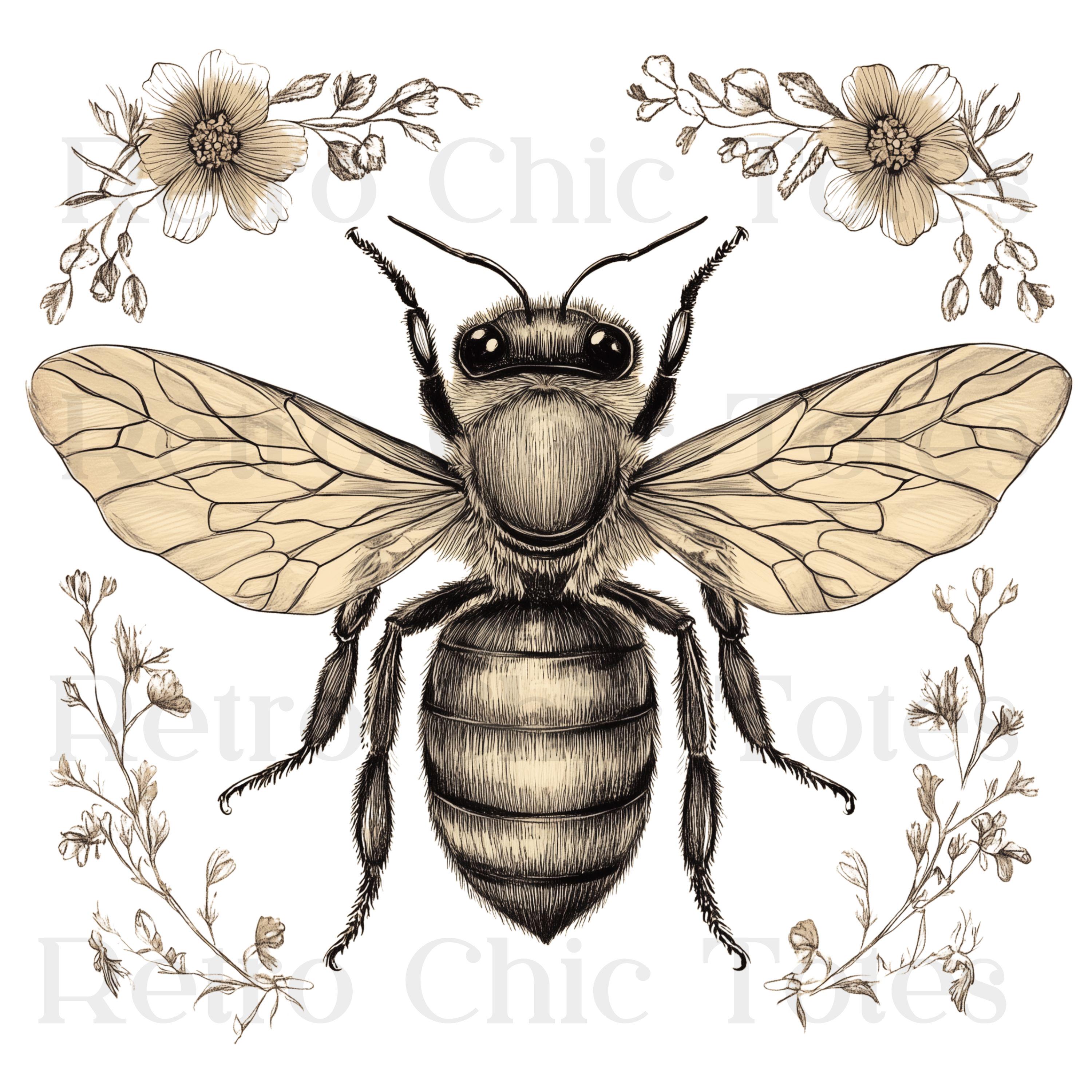 Vintage Bee Illustration PNG, Hand Drawn Bee Clipart, Floral Bee ...