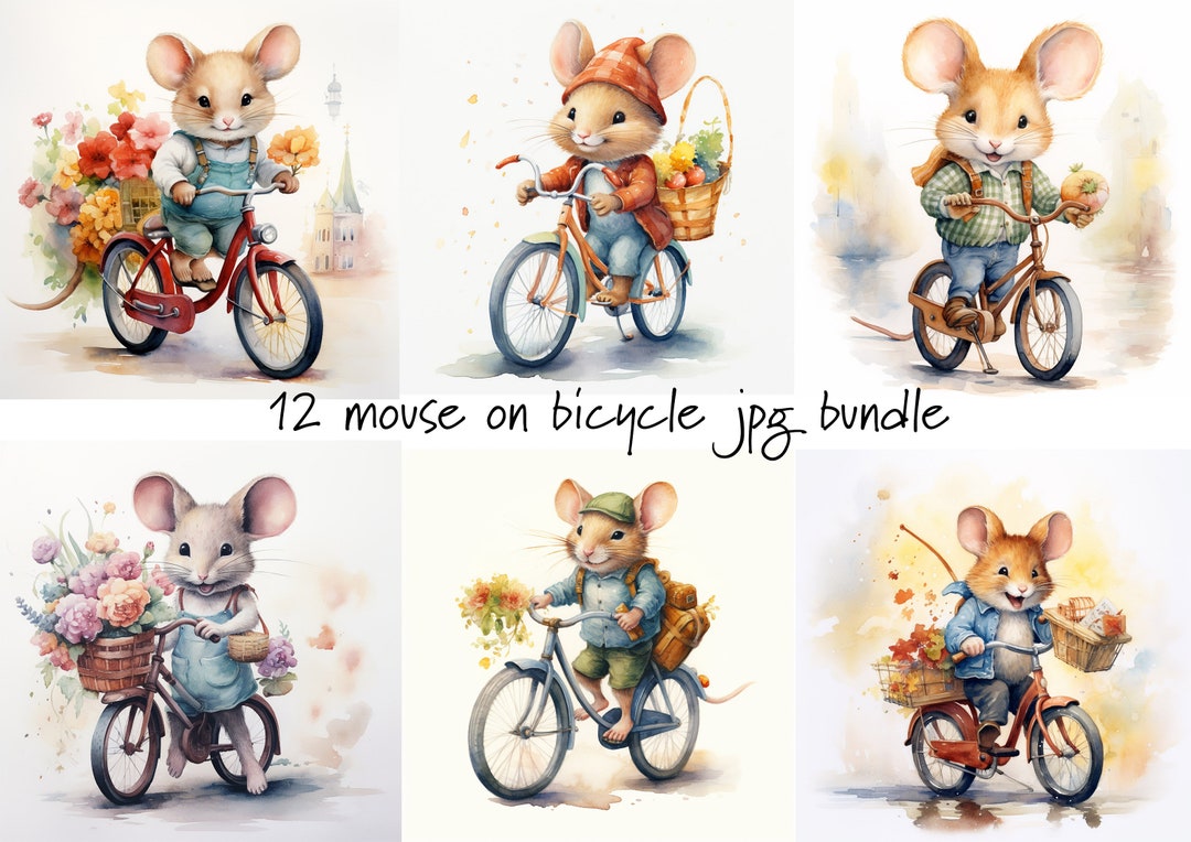 12 Cute Mouse on Bicycle Clipart Bundle, Watercolor Bundle, Mouse ...