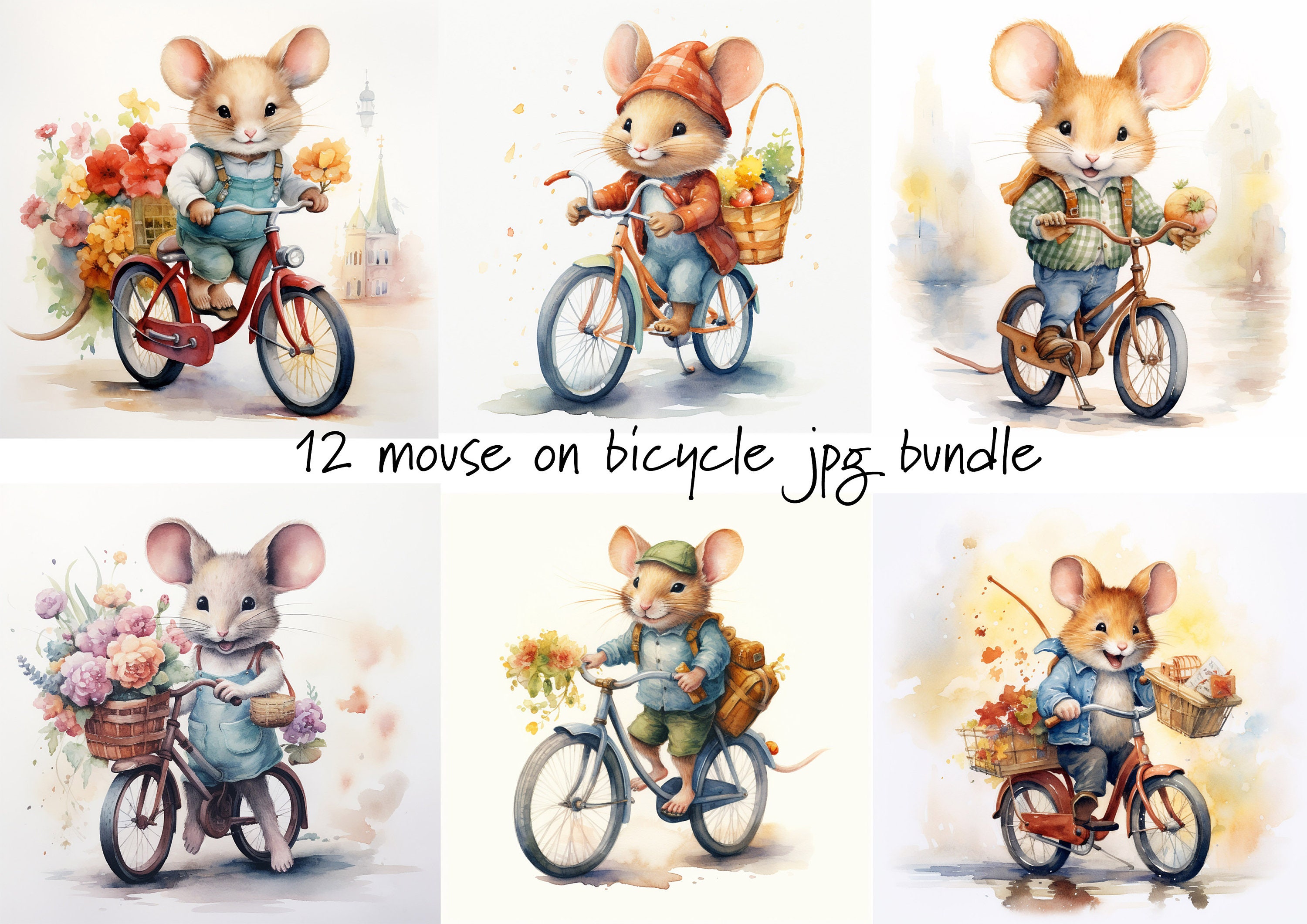 12 Cute Mouse on Bicycle Clipart Bundle, Watercolor Bundle, Mouse ...