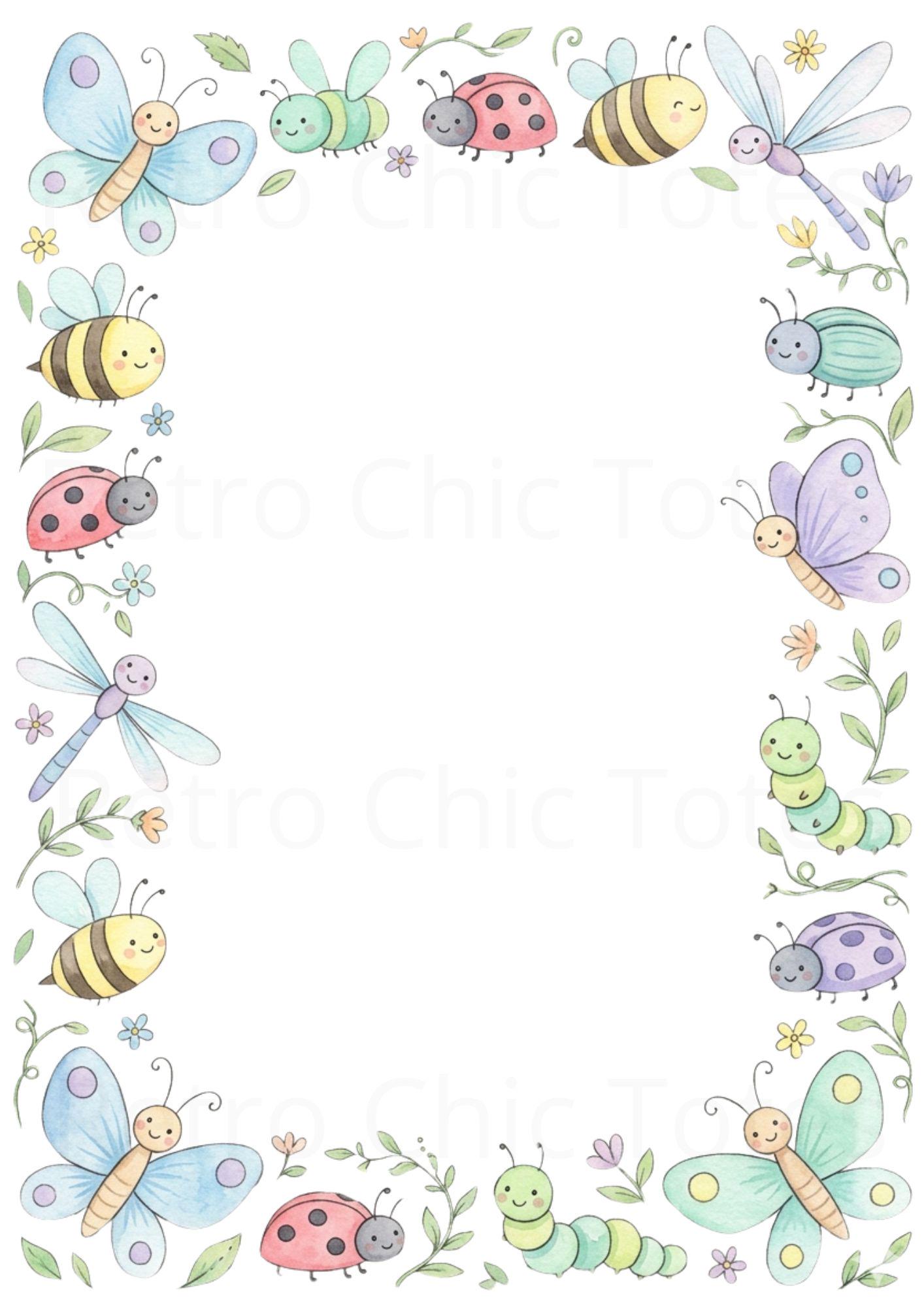 Cute Insect Border A4 Printable, Butterfly Bee Ladybug Dragonfly Frame ...