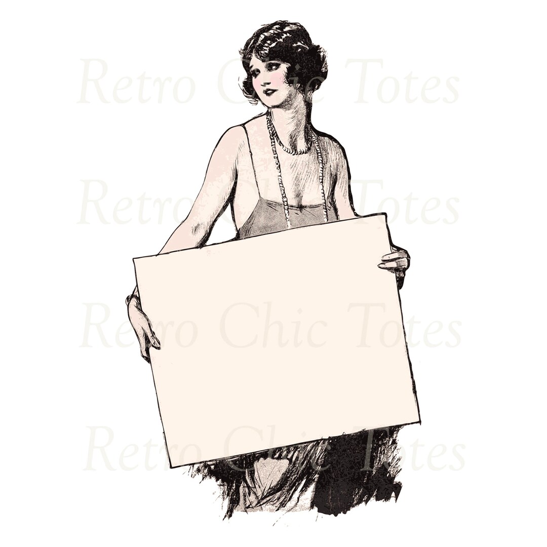 Vintage Woman Holding Sign Illustration – Digital Download PNG – Retro ...