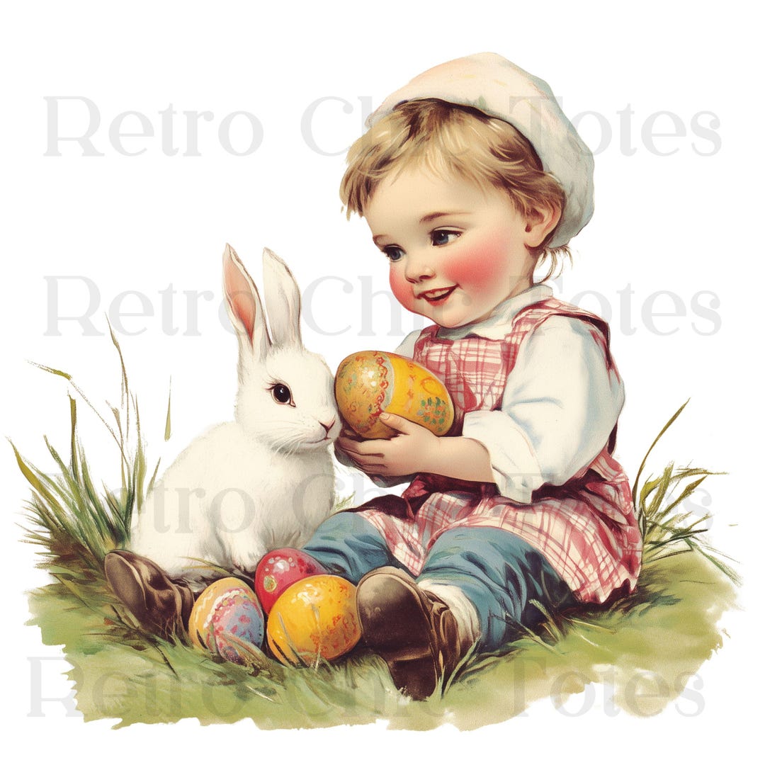 Vintage Easter Bunny PNG, Retro Easter Clipart, Cute Child With Rabbit ...