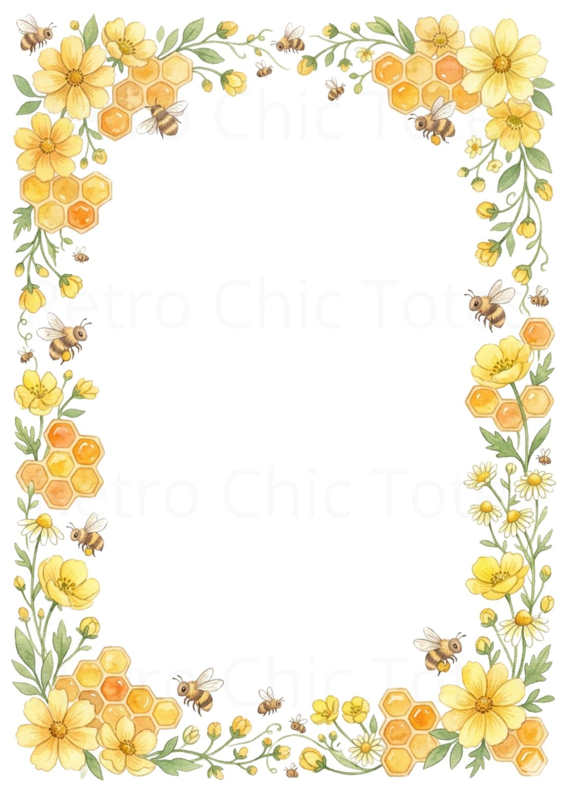 Bee Honeycomb Floral Border A4 Printable, Cute Bumblebee Frame, Yellow ...