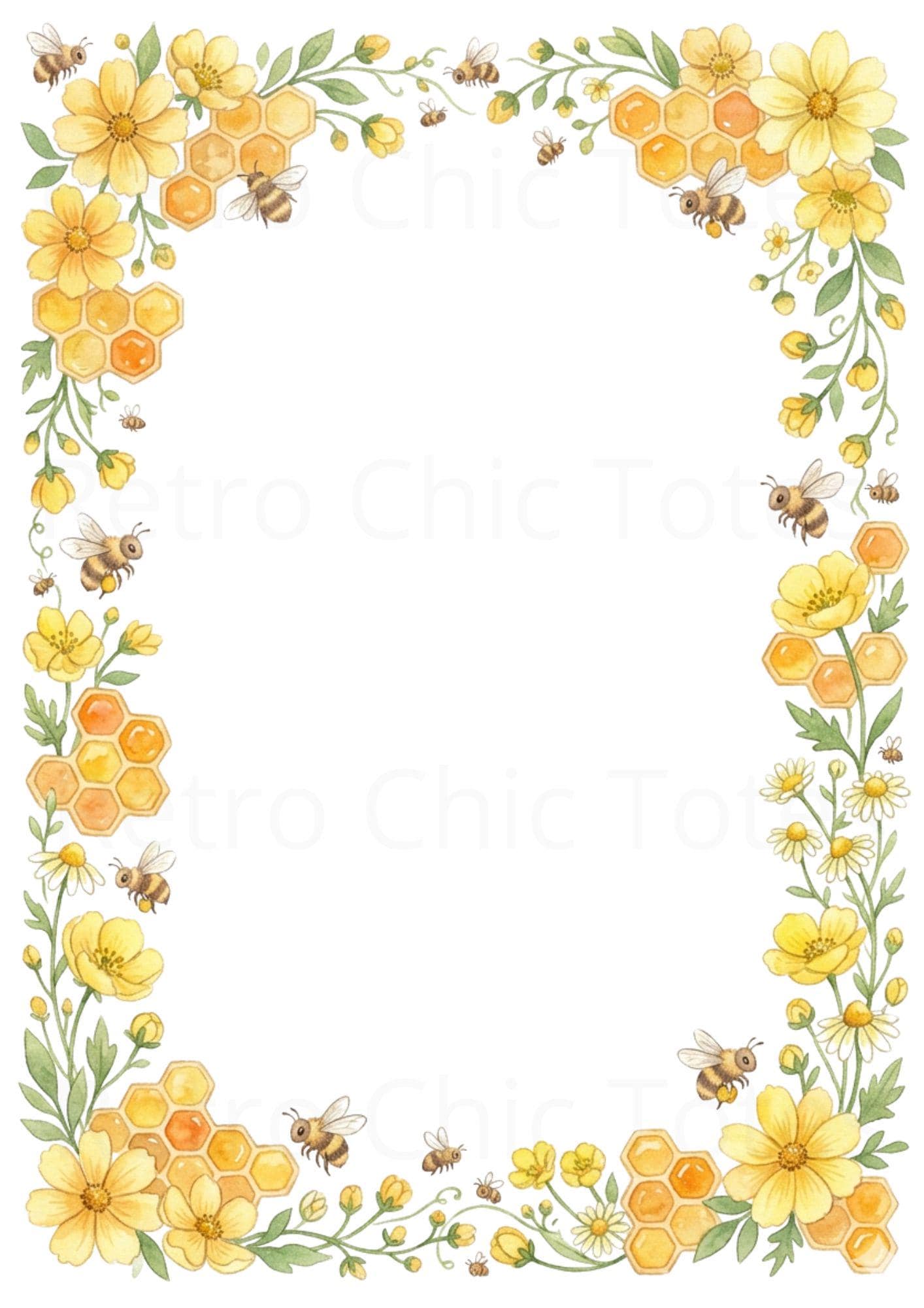 Bee Honeycomb Floral Border A4 Printable, Cute Bumblebee Frame, Yellow ...