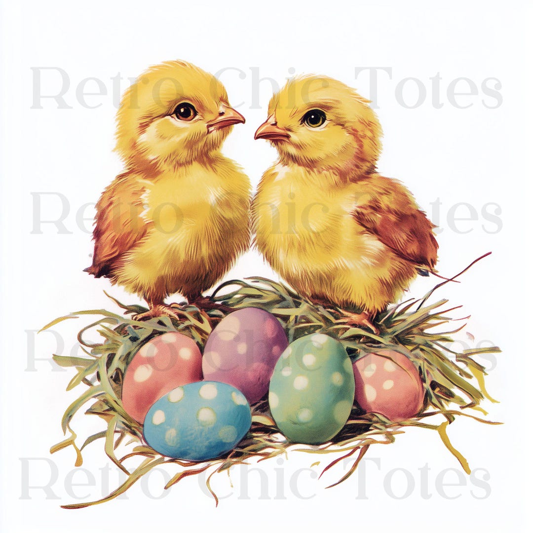Vintage Easter Chicks PNG Clipart With Colorful Eggs, Retro Spring ...