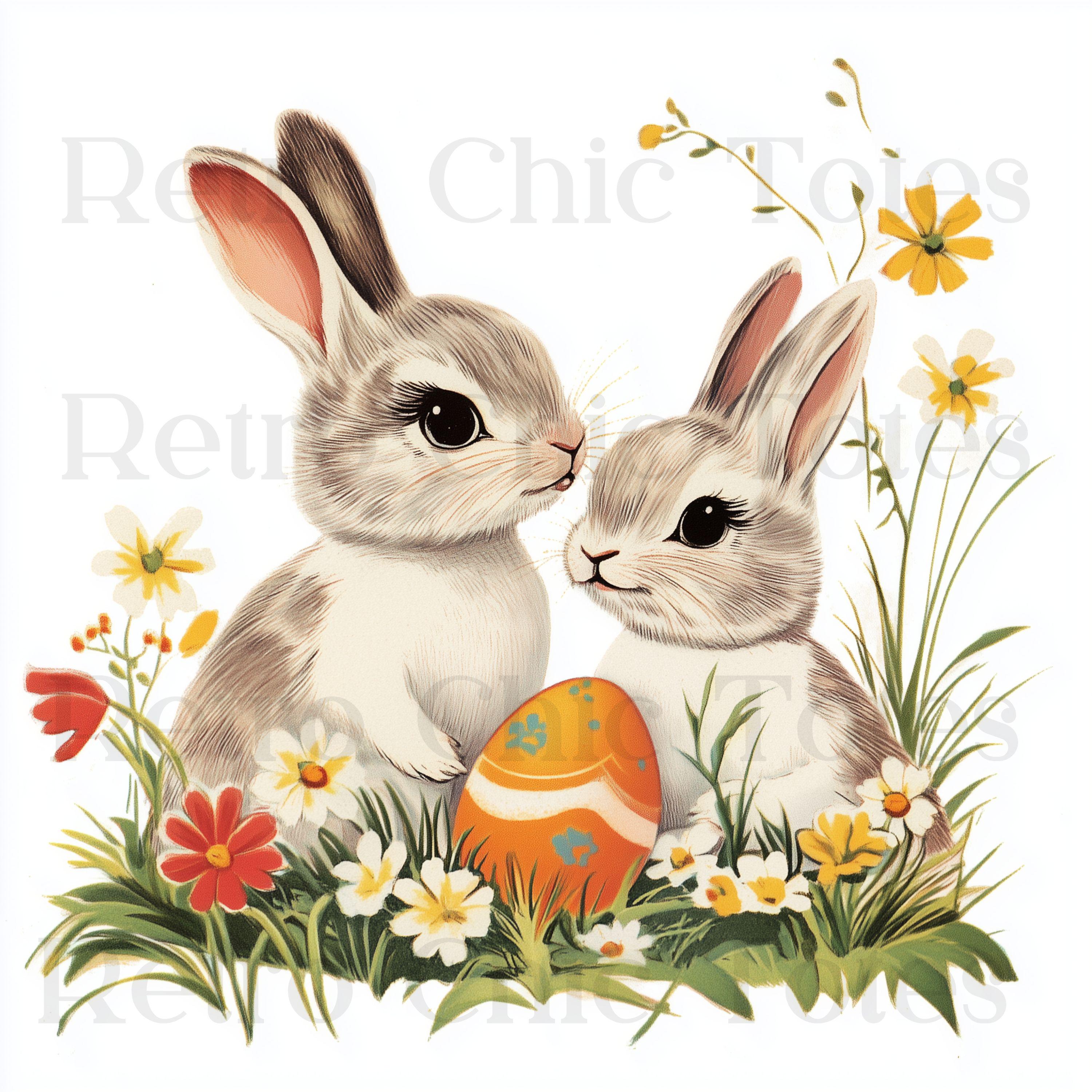 Vintage Easter Bunny PNG Clipart With Flowers and Egg, Cute Retro ...