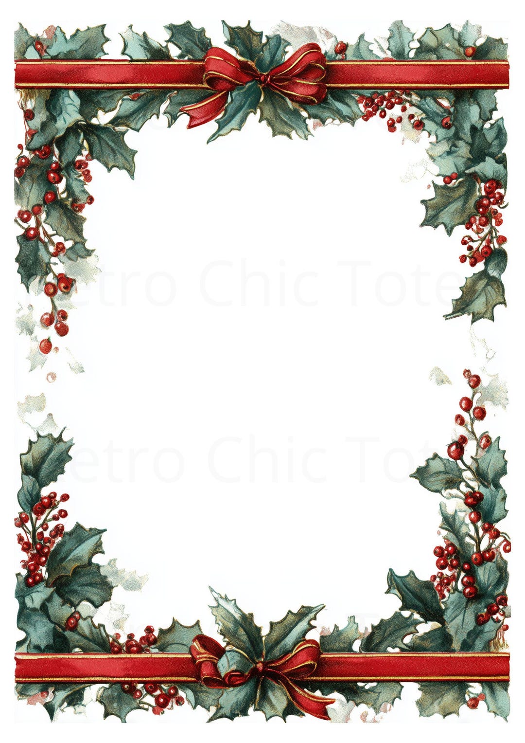 A4 Vintage Christmas Border PDF, Holly and Red Bow Printable Page ...