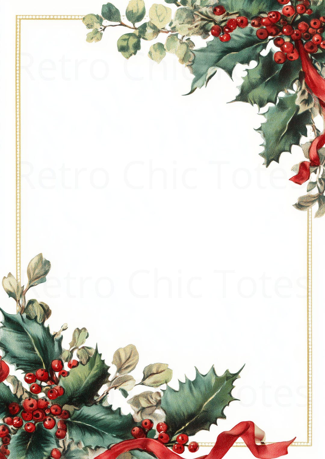 A4 Vintage Christmas Letter Paper, Holly and Red Ribbon Printable ...