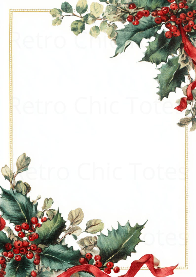 Papier à lettre de Noël vintage A4, houx et ruban rouge imprimable, modèle de papeterie de ...