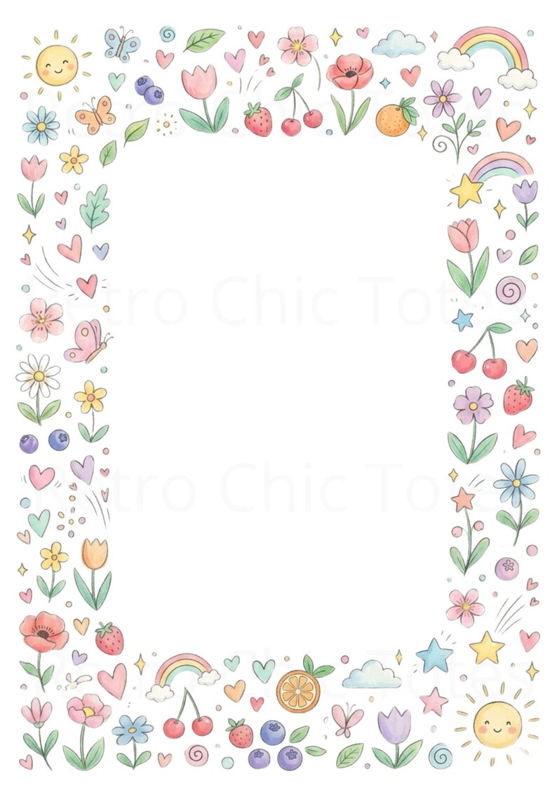 Cute Doodle Border A4 Printable, Pastel Rainbow Hearts Flowers Frame ...