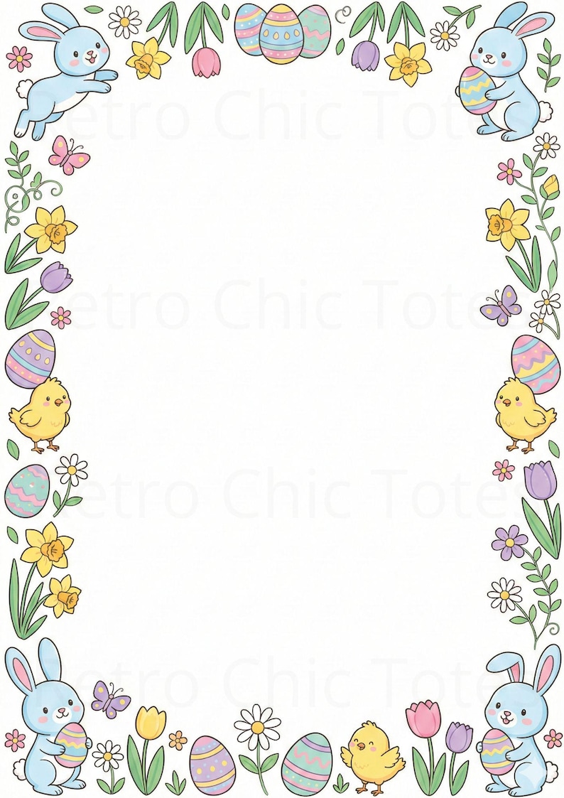 Easter A4 Printable Writing Paper PDF Cute Bunny Chick Egg Border Kids ...