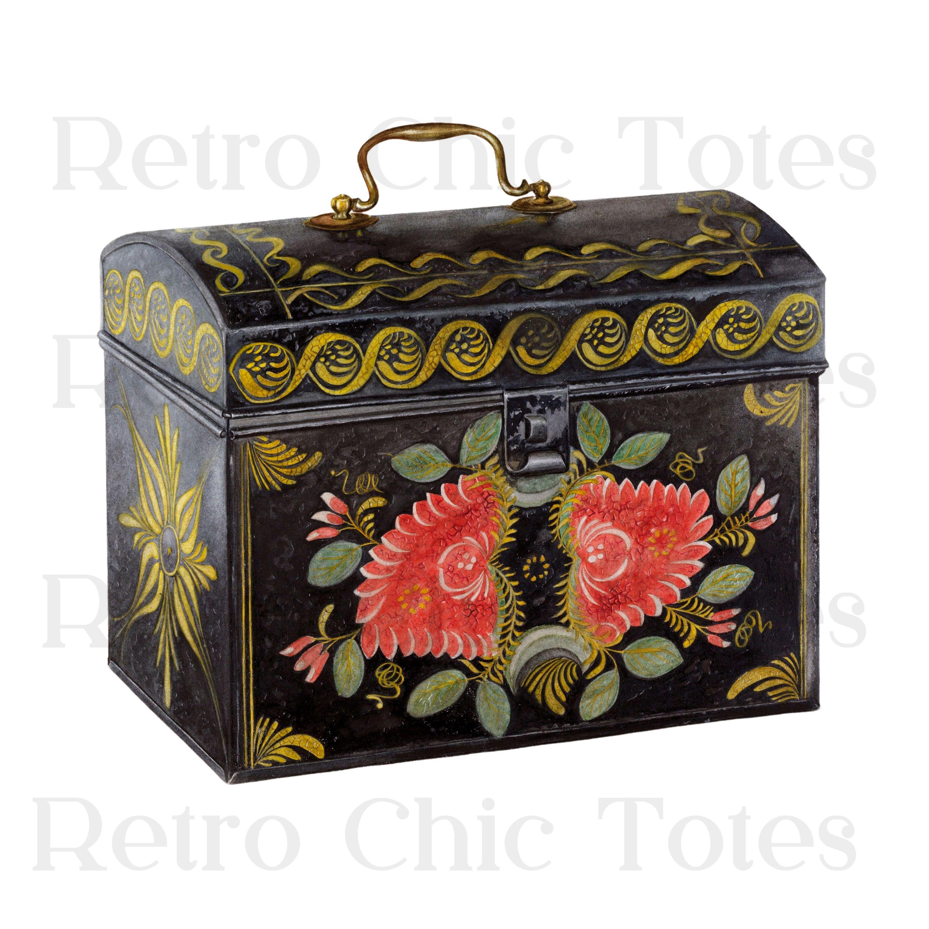 Vintage Tin Box PNG, Folk Art Floral Chest Clipart, Antique Metal Box ...