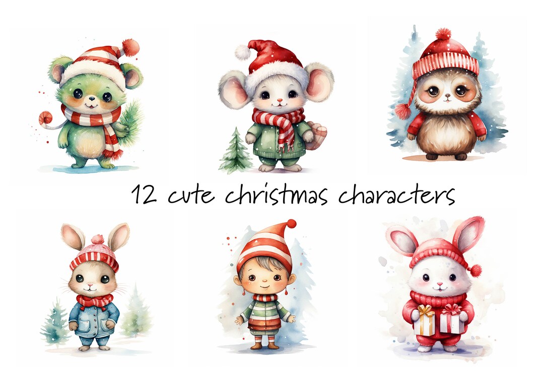 12 Christmas Characters Clipart Bundle, Watercolor Bundle, Christmas ...