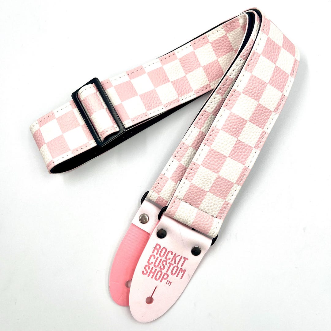 Checkered Guitar Strap Pink and White W/ Vegan Ends - Limited Edition ...