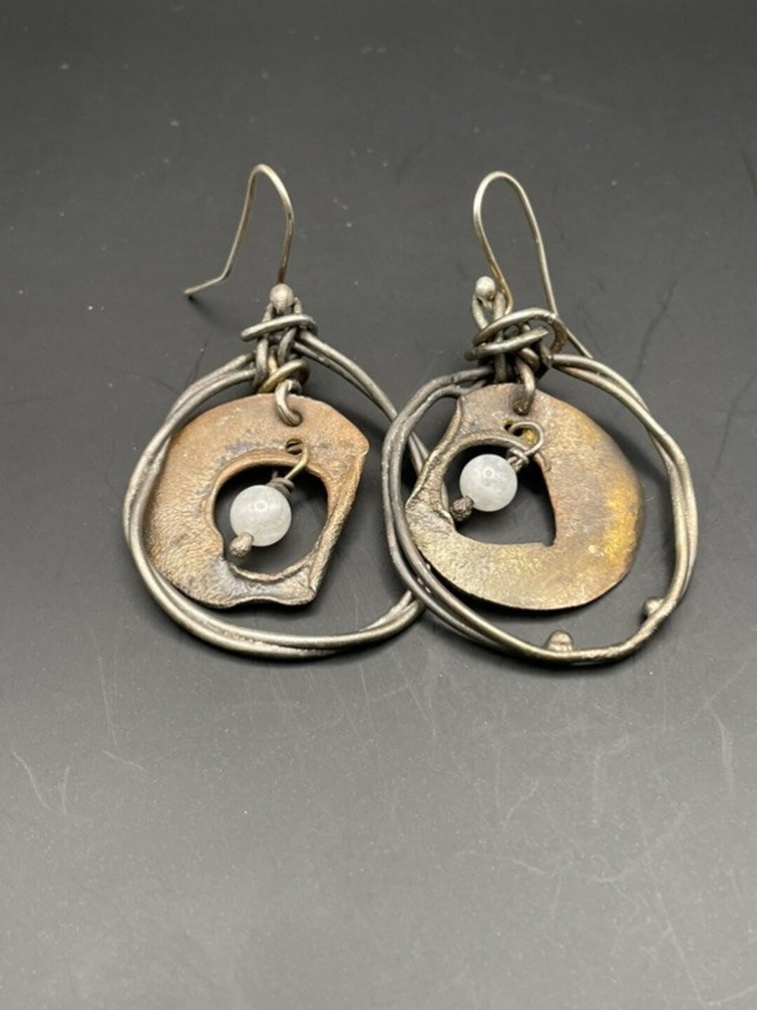 Handcrafted Blackened Sterling Silver Funky Hoops and Moonstone Bead ...