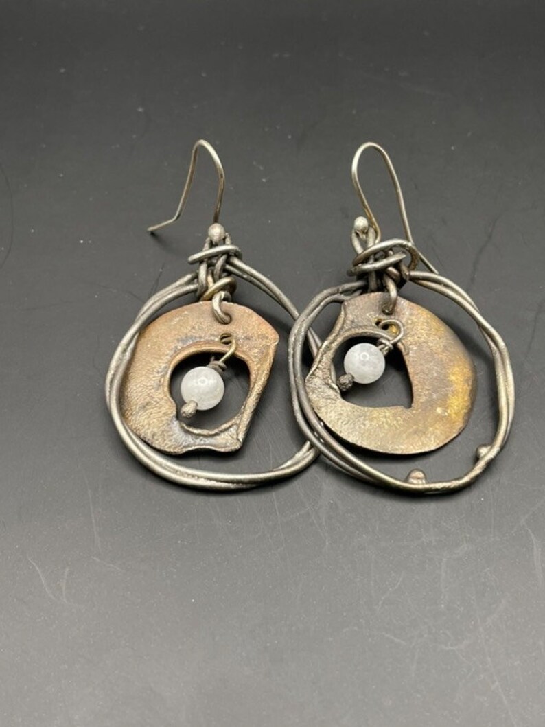 Handcrafted Blackened Sterling Silver Funky Hoops and Moonstone Bead ...