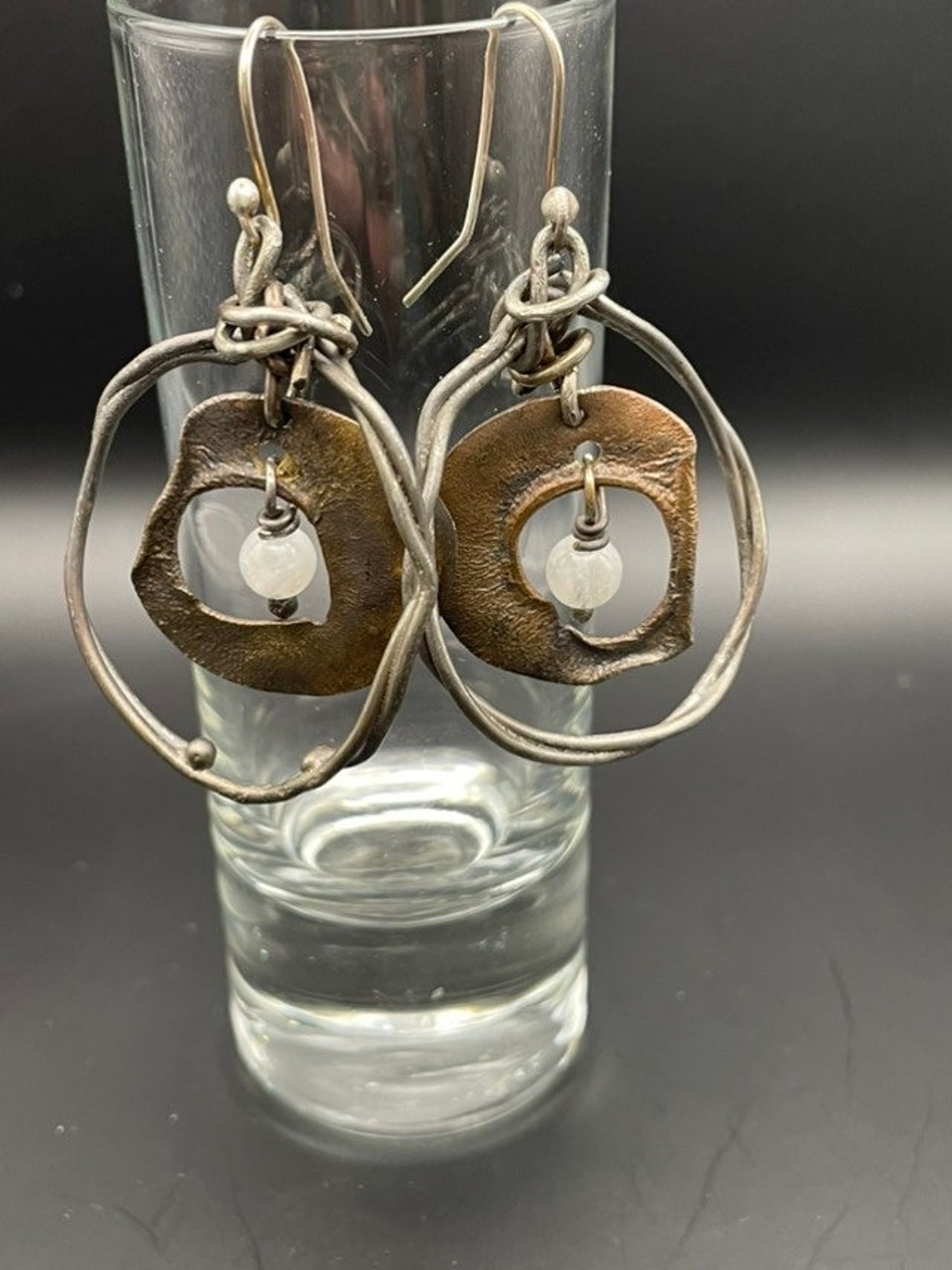 Handcrafted Blackened Sterling Silver Funky Hoops and Moonstone Bead ...