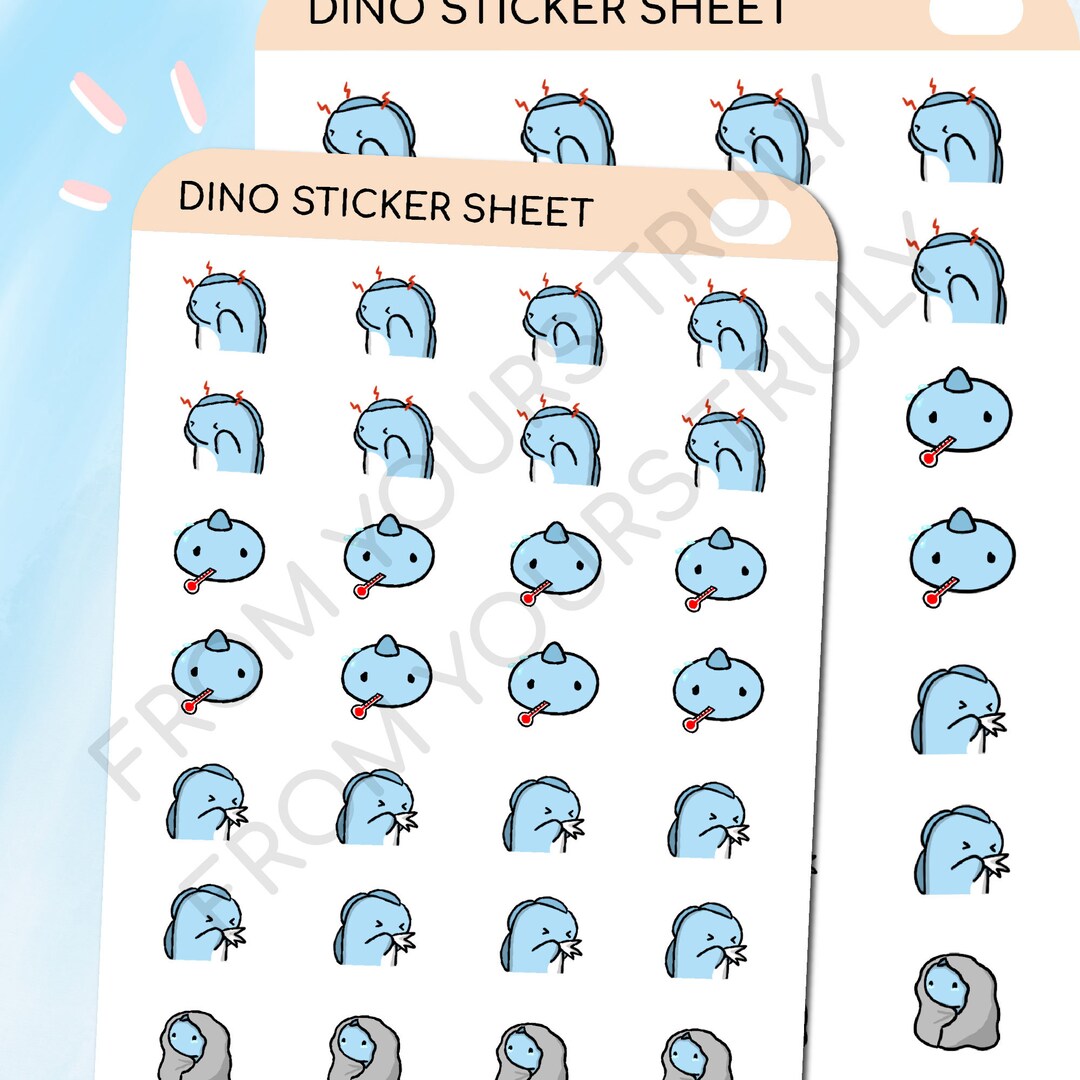 D33- Dino Sick Stickers, Sick Stickers, Tired Stickers, Headache ...