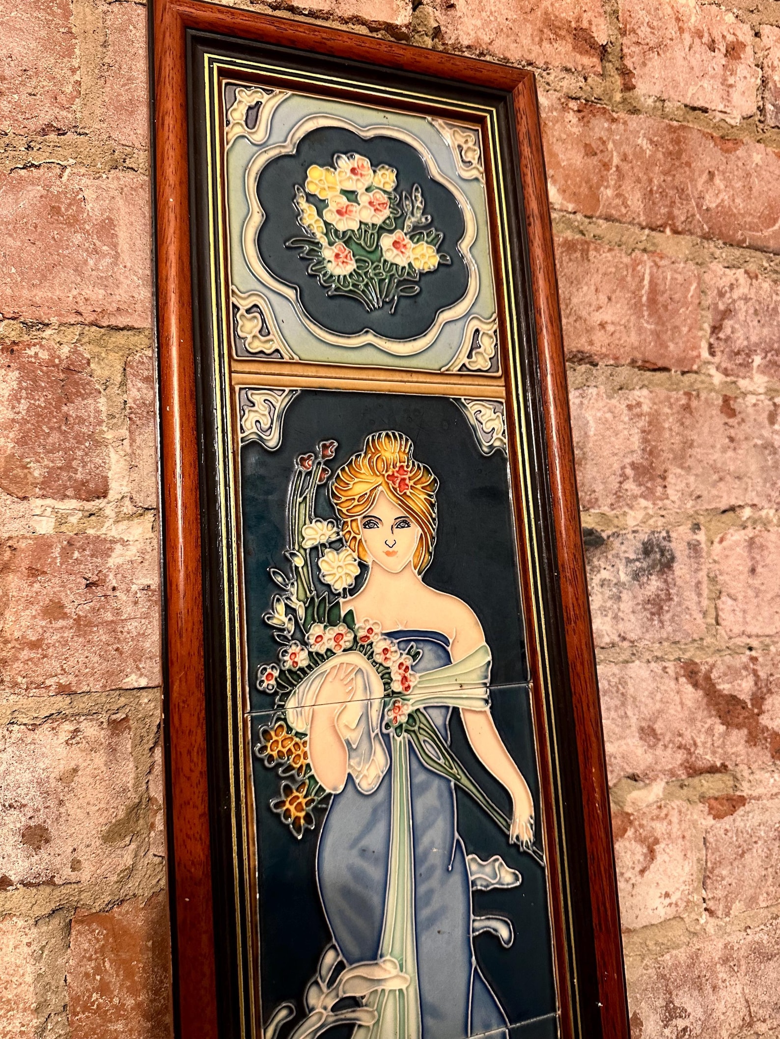 Vintage Set of Alphonse Mucha Style Tiles - Framed Art Noveau Display ...
