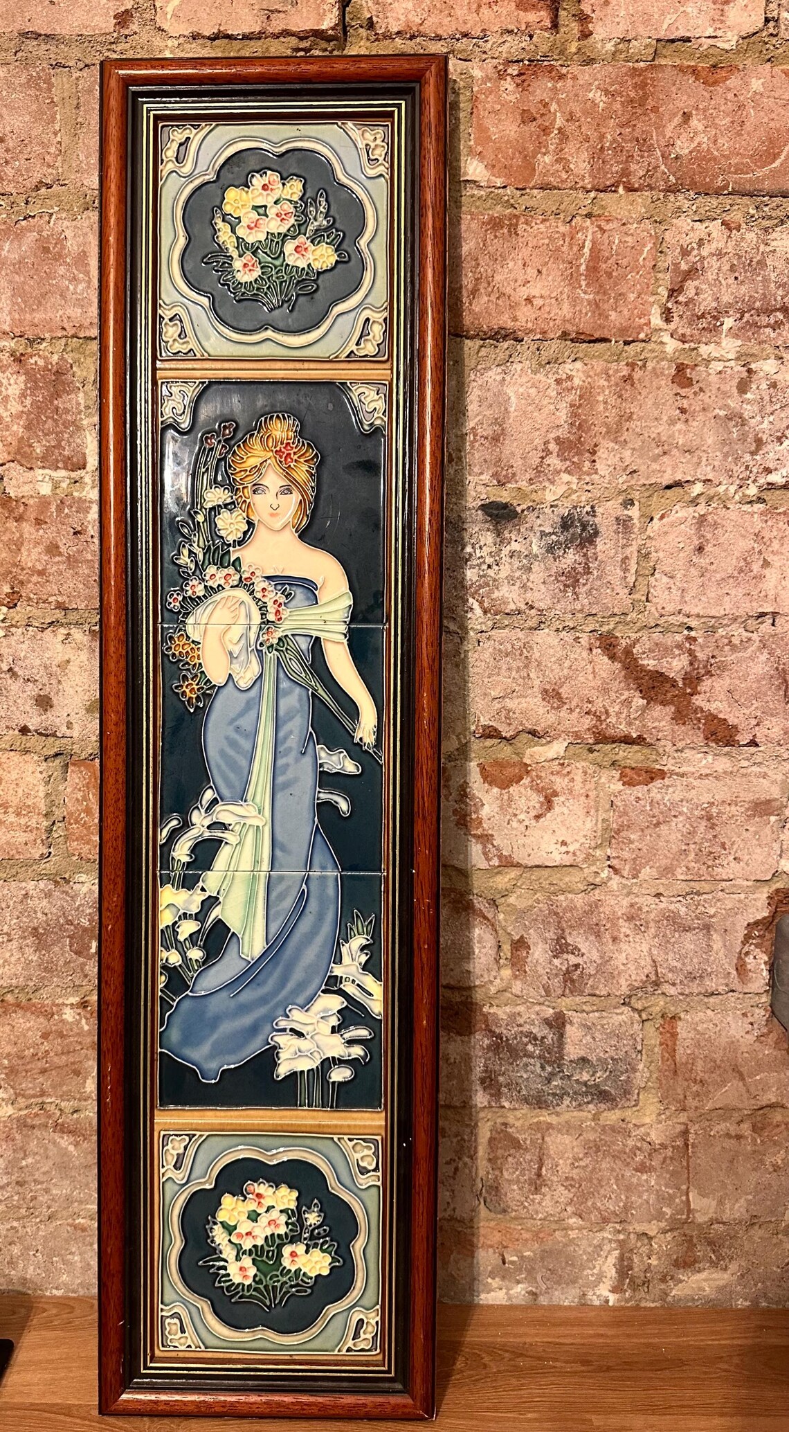 Vintage Set of Alphonse Mucha Style Tiles - Framed Art Noveau Display ...