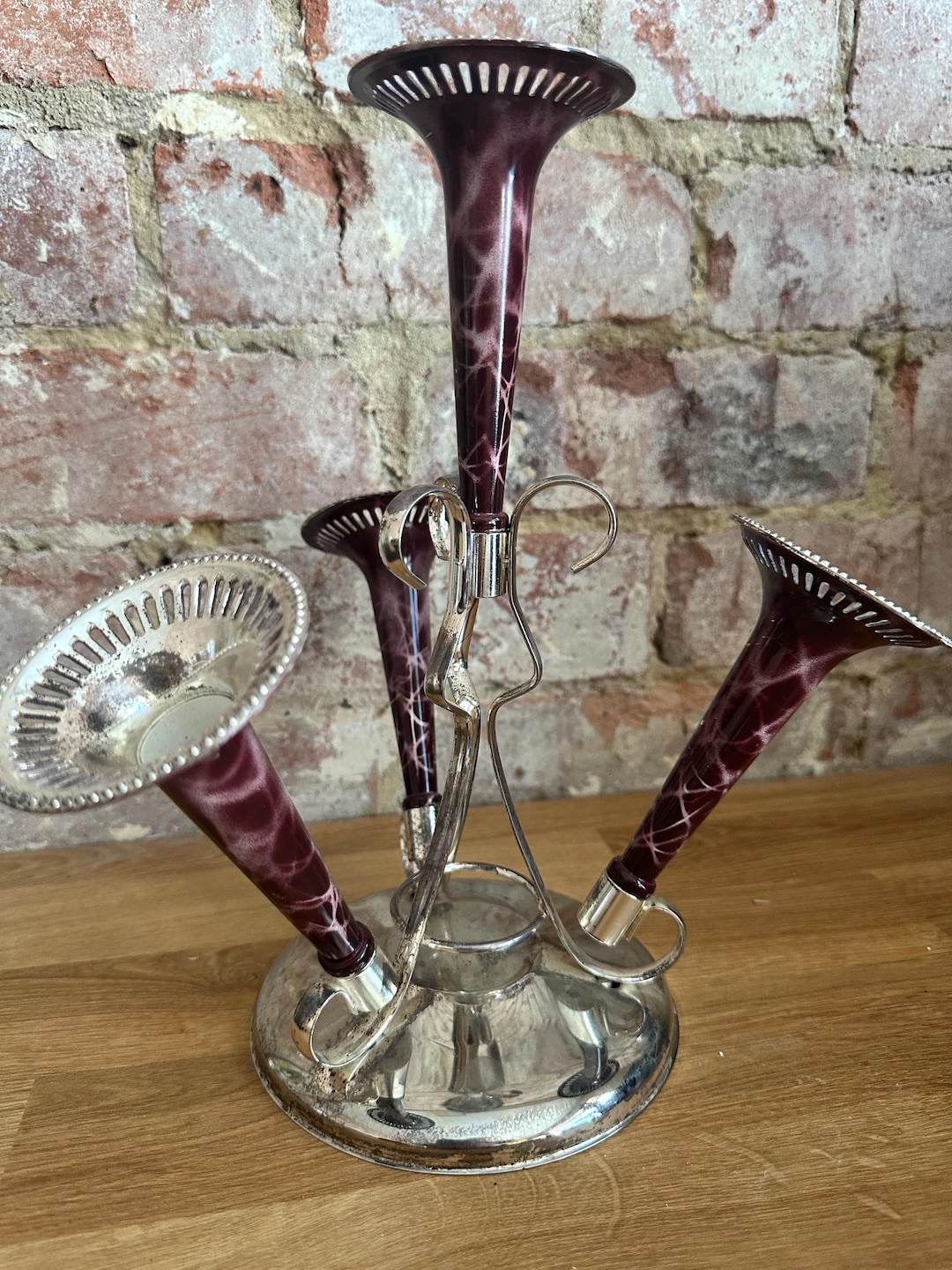 Vintage Epergne Center Piece - Fluted Flower Vase, Plated With Painted ...