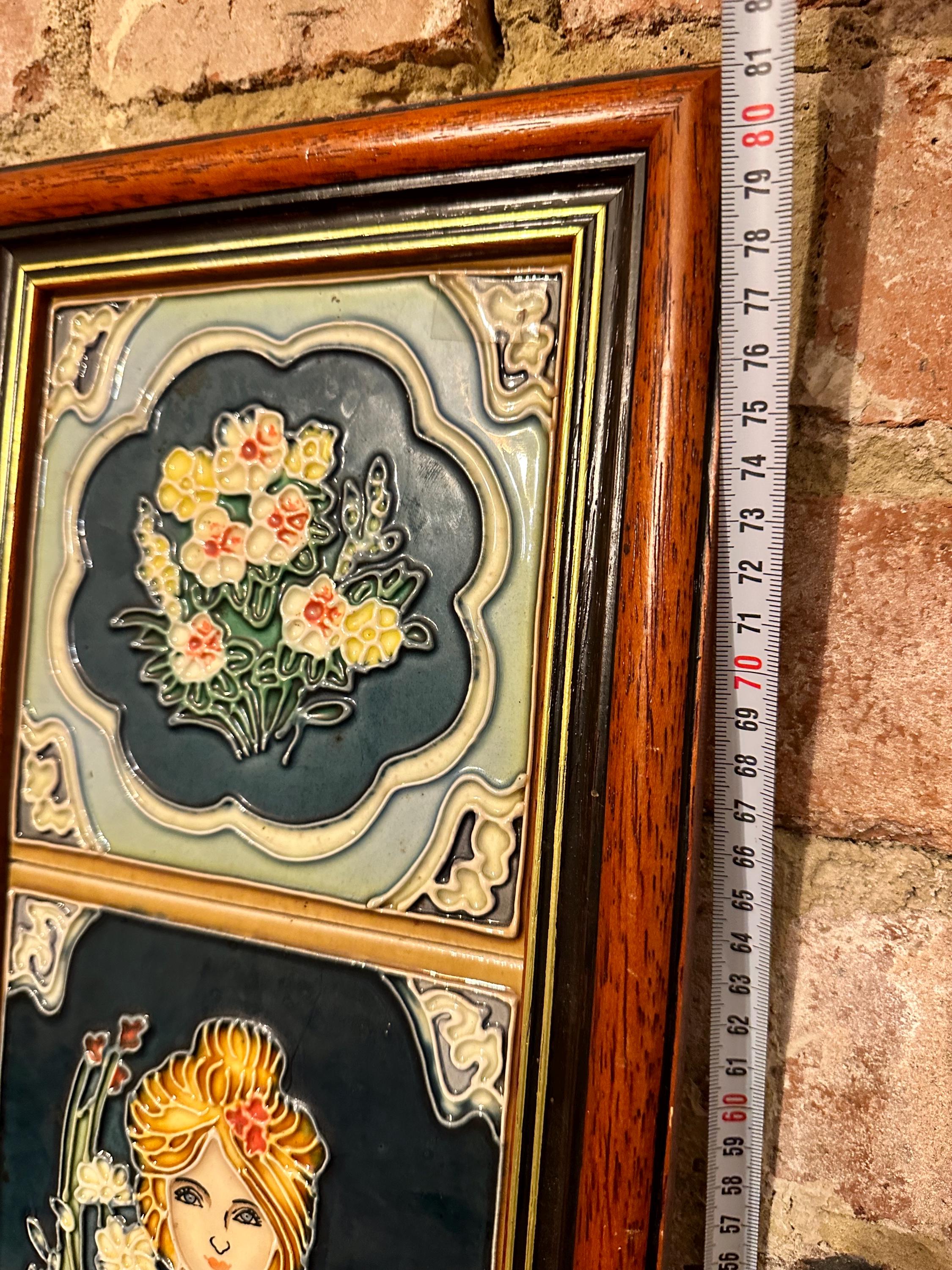 Vintage Set of Alphonse Mucha Style Tiles - Framed Art Noveau Display ...