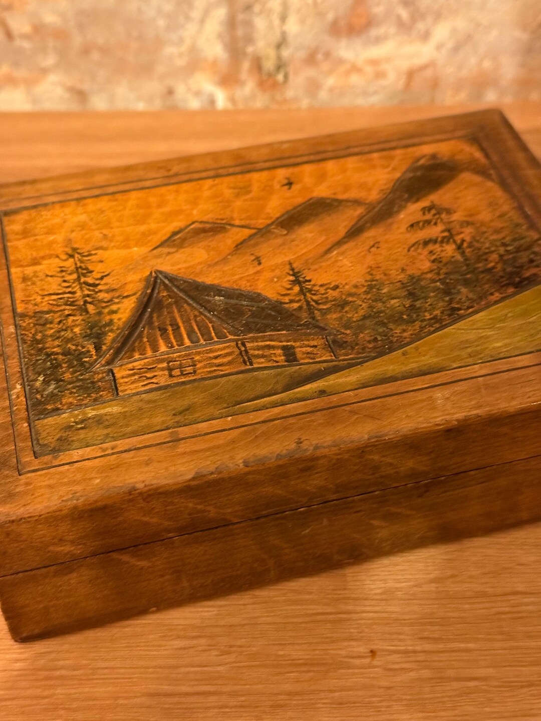 Vintage Had Made Wooden Box - Mountain Alps / Wood Cabin Design - Etsy