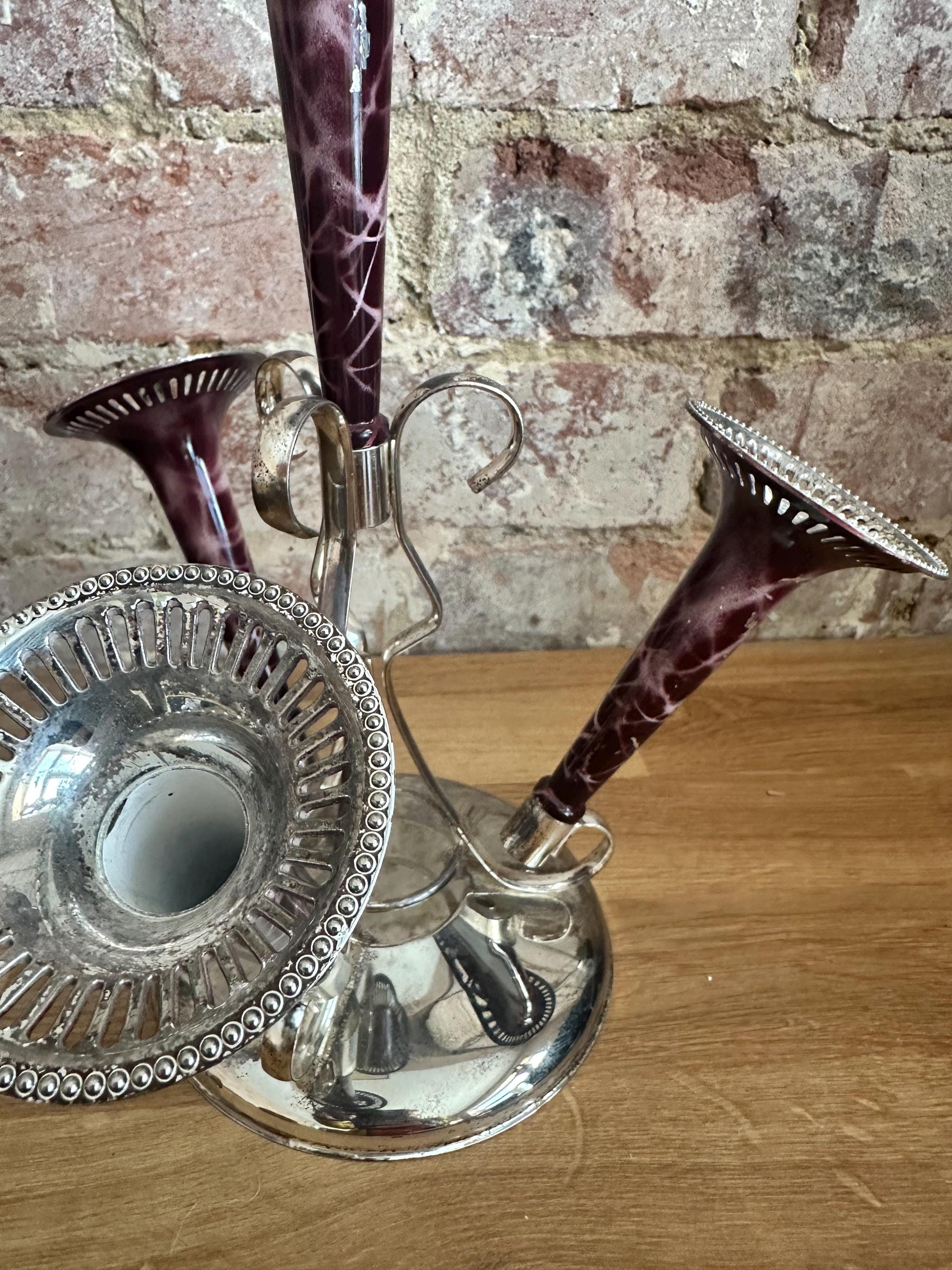 Vintage Epergne Center Piece - Fluted Flower Vase, Plated With Painted ...