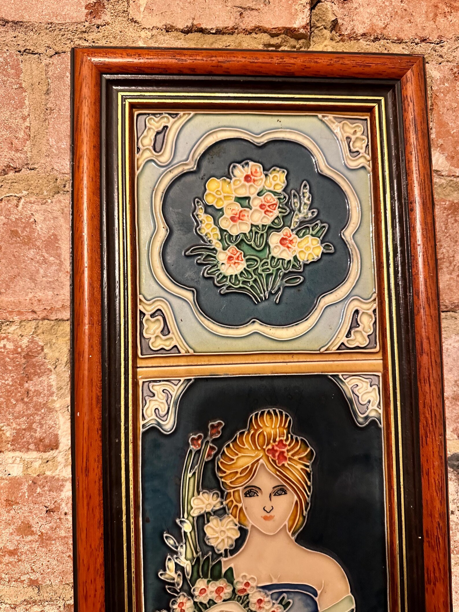 Vintage Set of Alphonse Mucha Style Tiles - Framed Art Noveau Display ...
