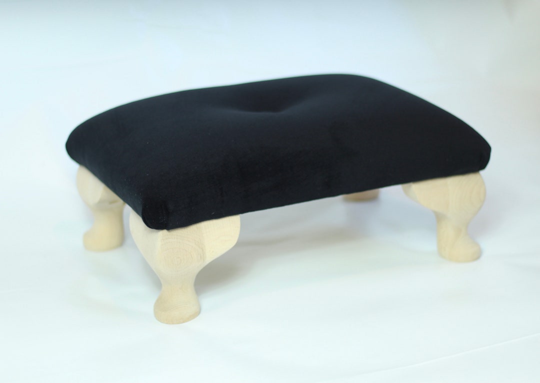 Low Queen Anne Footstool Pouffe Warwick Fabrics Plush Velvet Jet Black ...