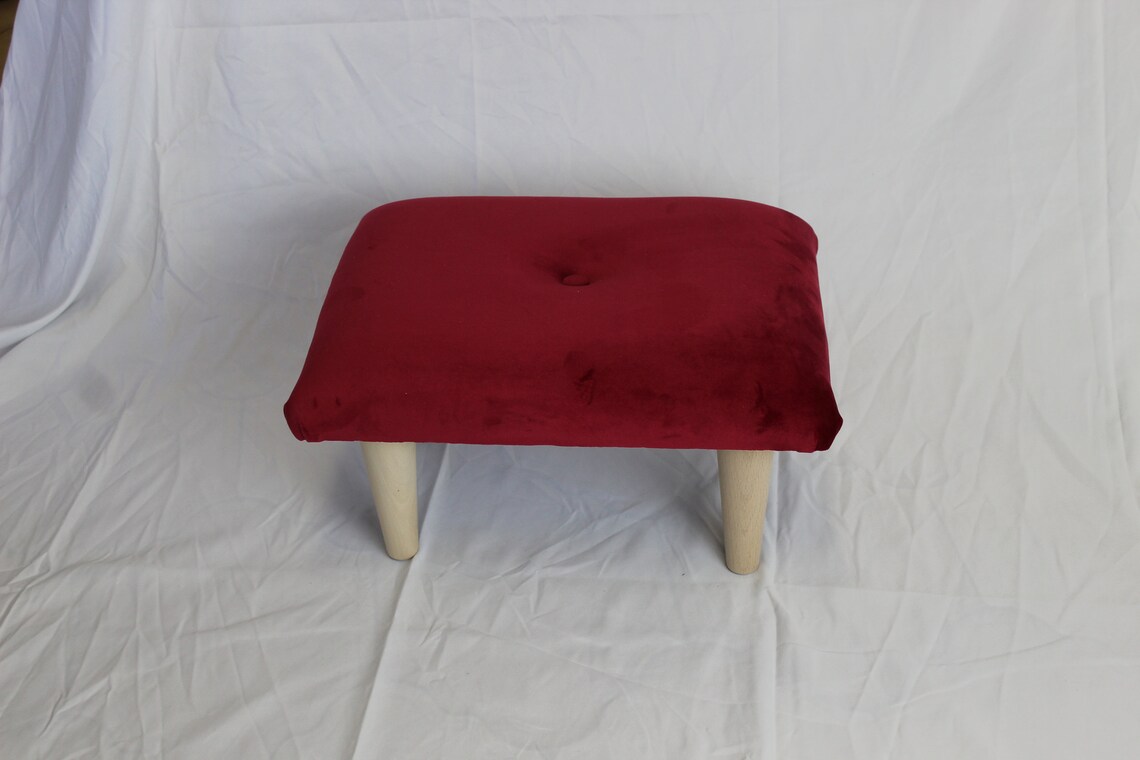 Small Buttoned Footstool Pouffe Plush Velvet Crimson Red | Etsy